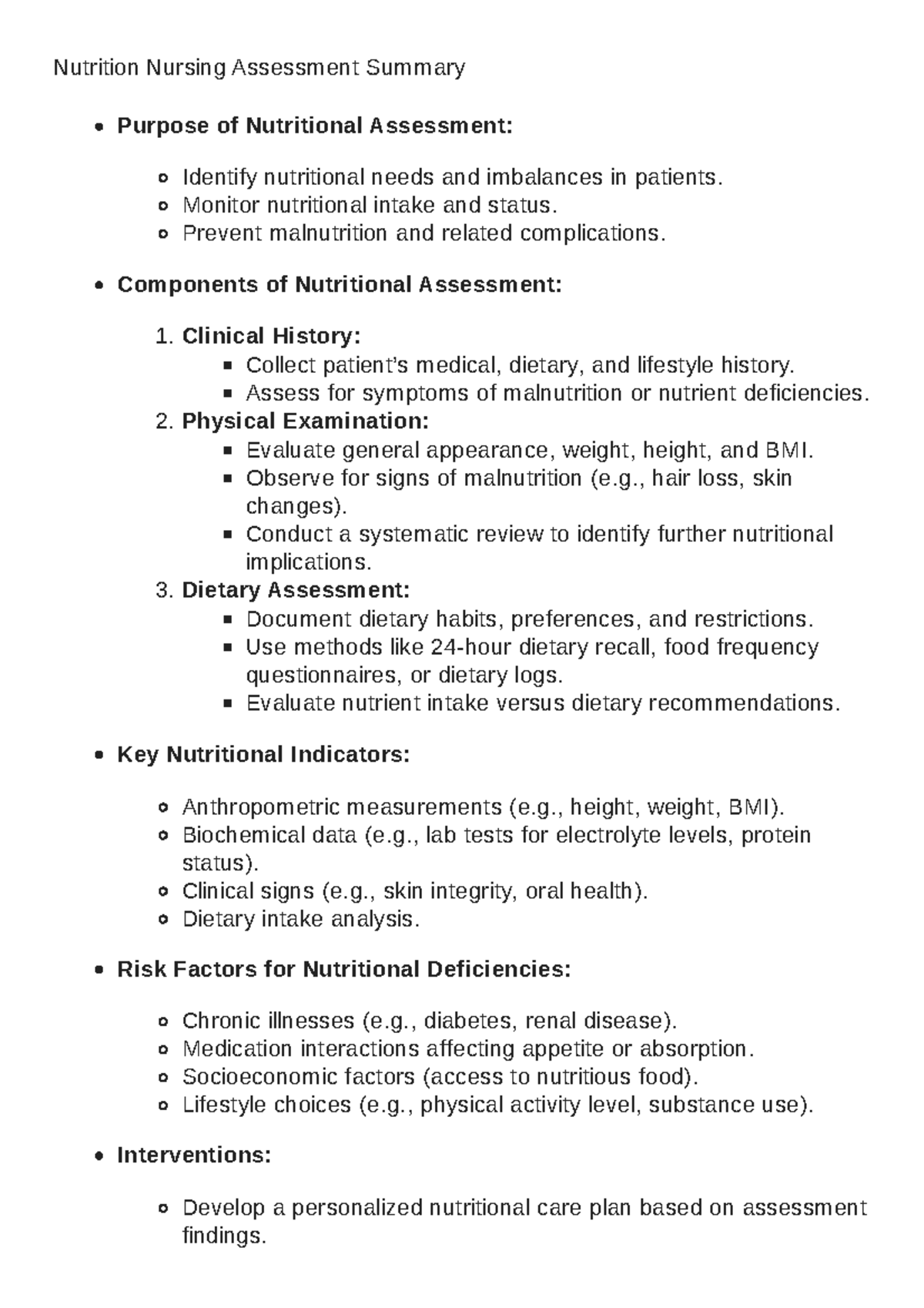 Nutrition Nursing assessment summary - Nutrition Nursing Assessment ...
