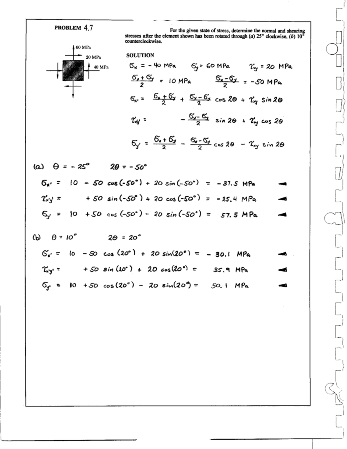 HW7 solutions - hw for class - PROBLEM 4 For the given state of stress, determine the normal and ...