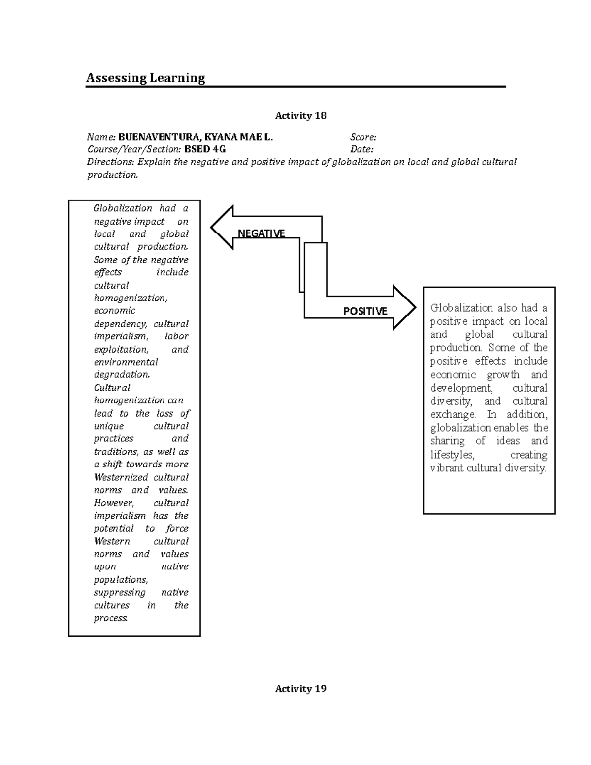 Activity-18-21 - contemporary world - NEGATIVE POSITIVE Assessing Learning Activity 18 Name ...