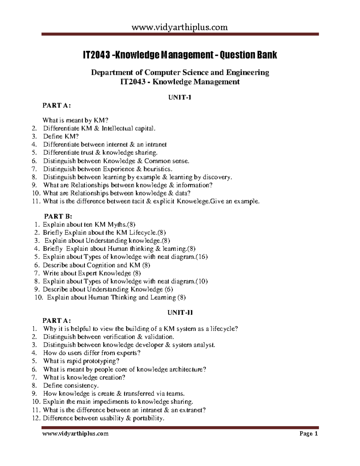 IT2043 KM - exercise - IT2043 -Knowledge Management - Question Bank ...