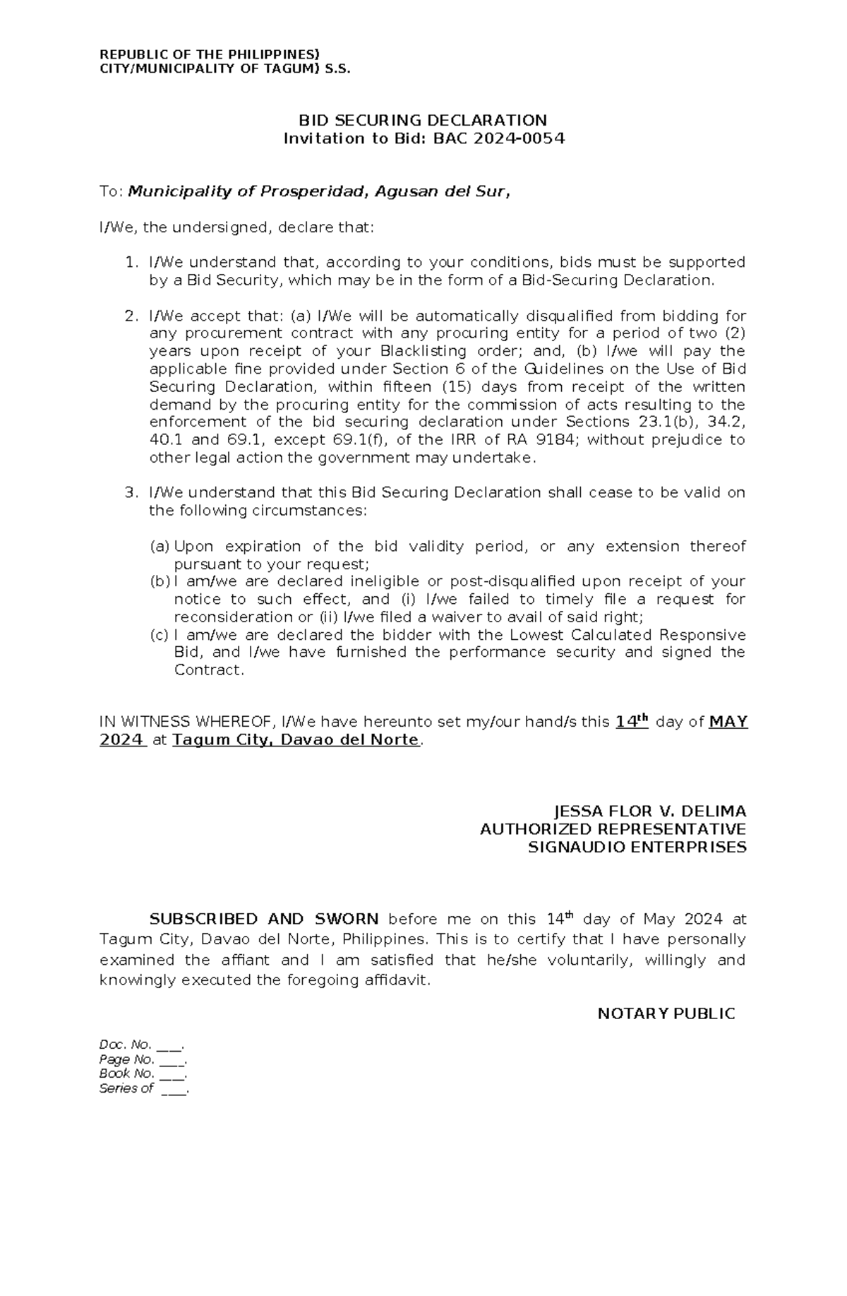 10. Bid Securing Declaration - REPUBLIC OF THE PHILIPPINES) CITY ...