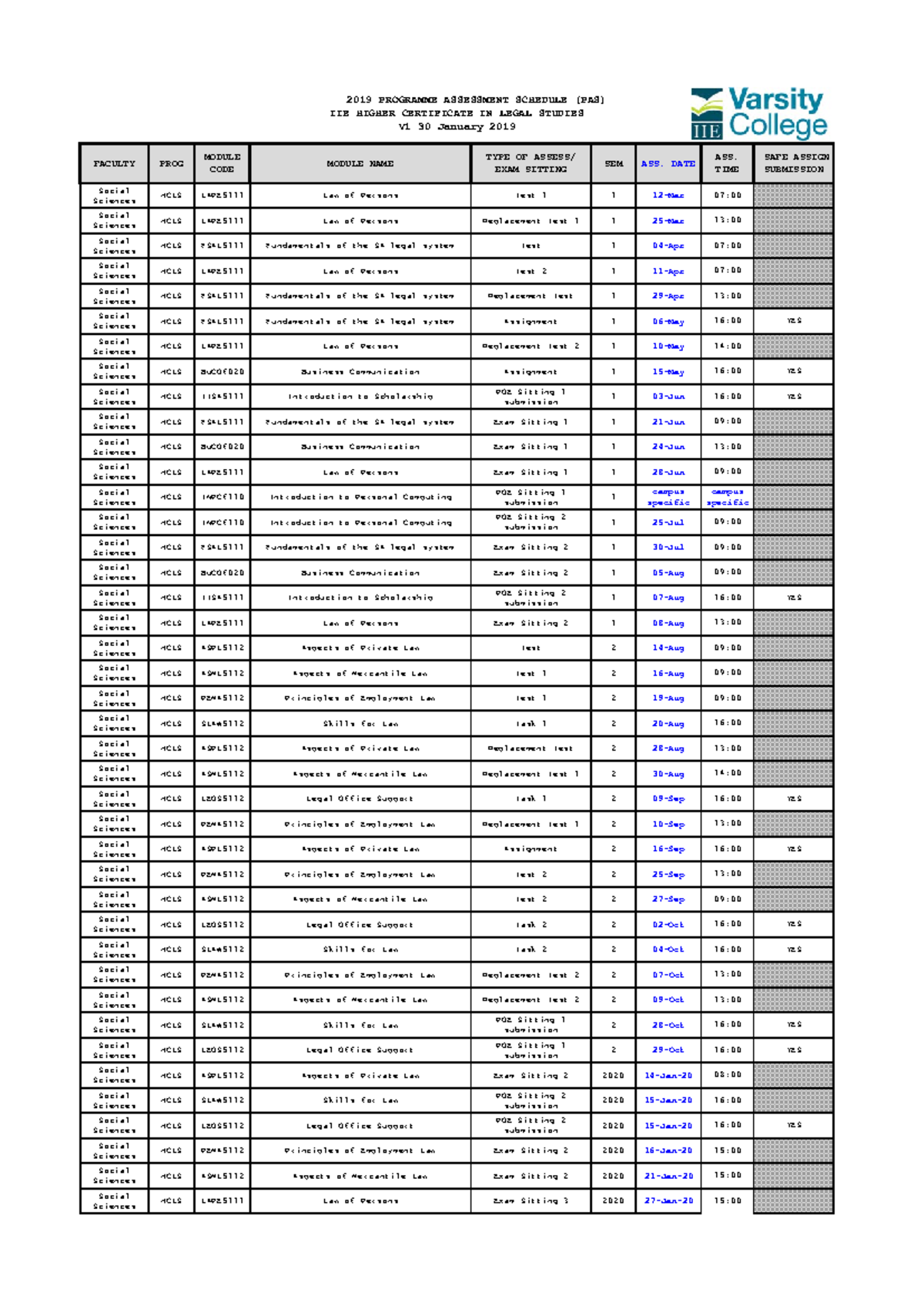 HCLS Programme Assessment Schedule 2019 V1 - FACULTY PROG MODULE CODE ...