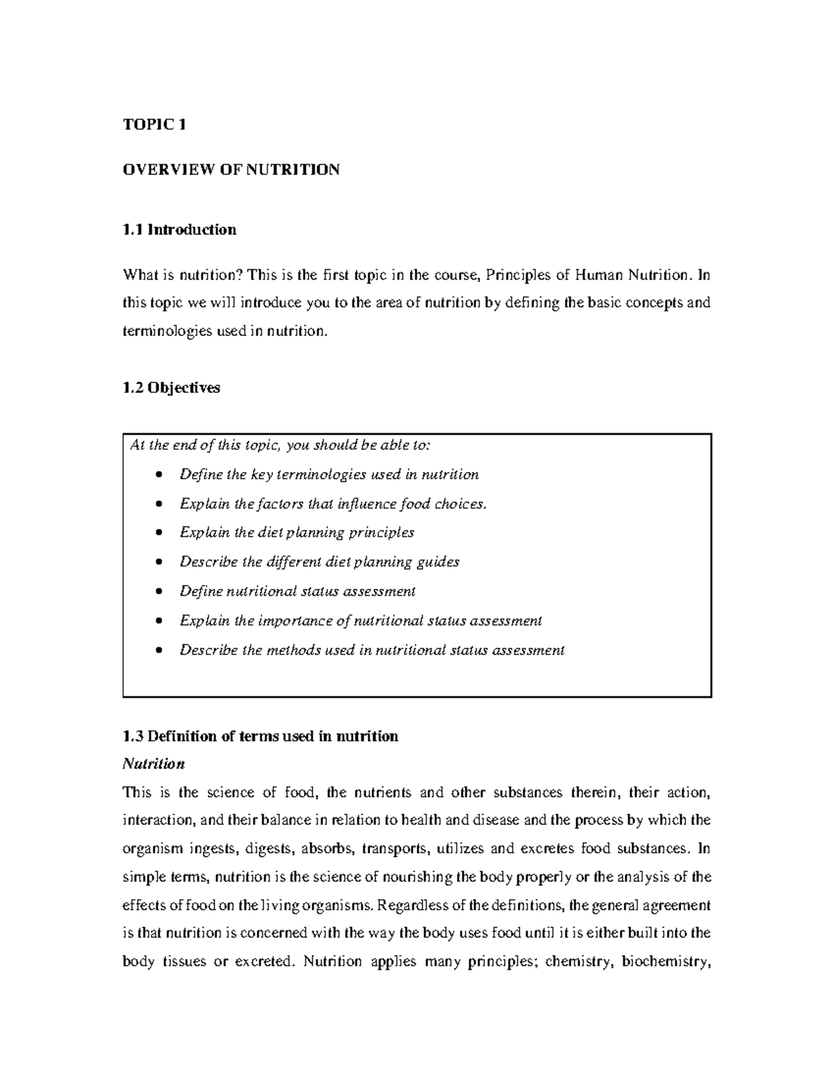 FOND 121 Topic 1 to 4 - FOOD NUTRITION AND DIETETHICS - TOPIC 1 ...