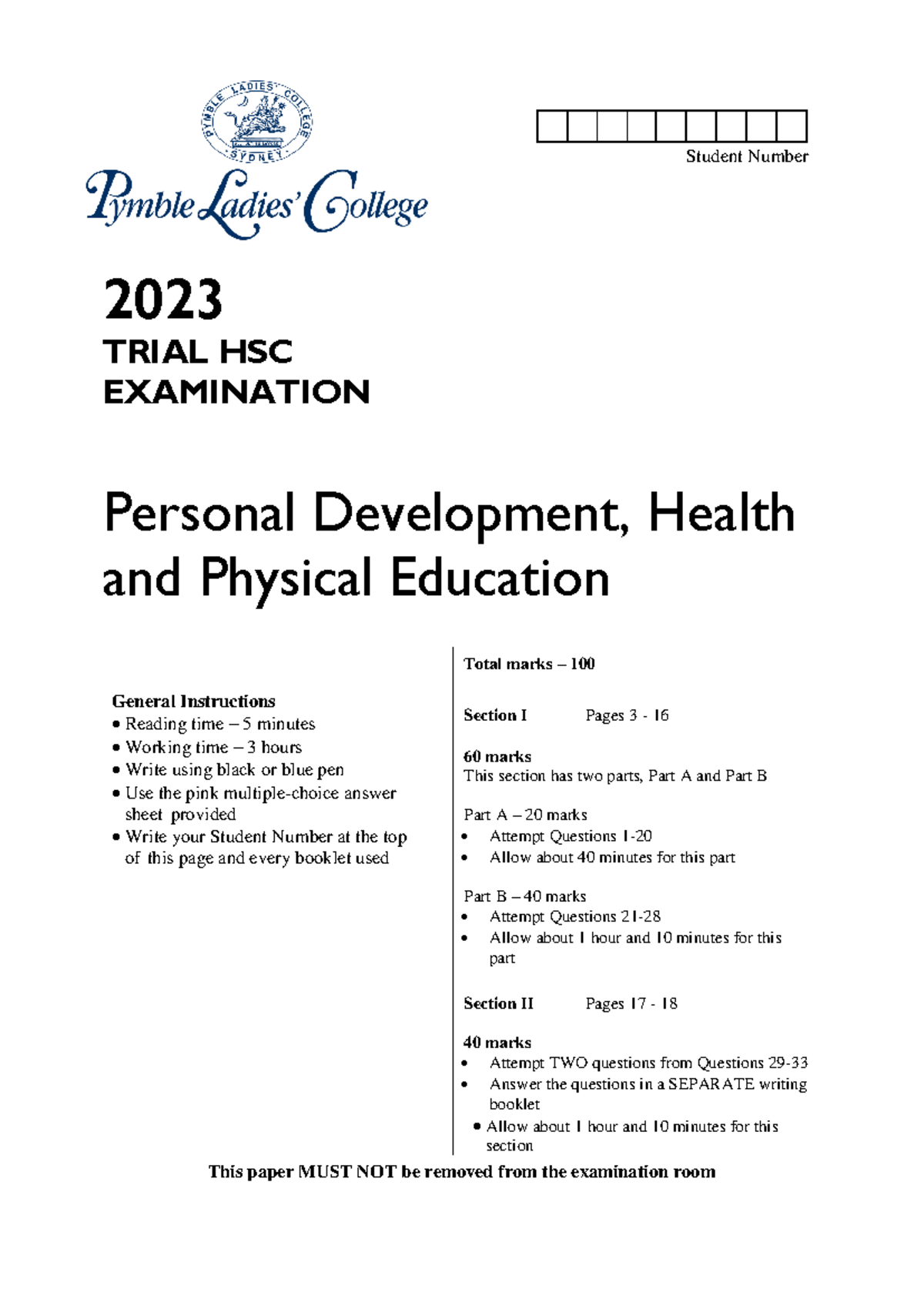 2023 Year 12 Pdhpe Trial Examination Final - 2023 TRIAL HSC EXAMINATION ...