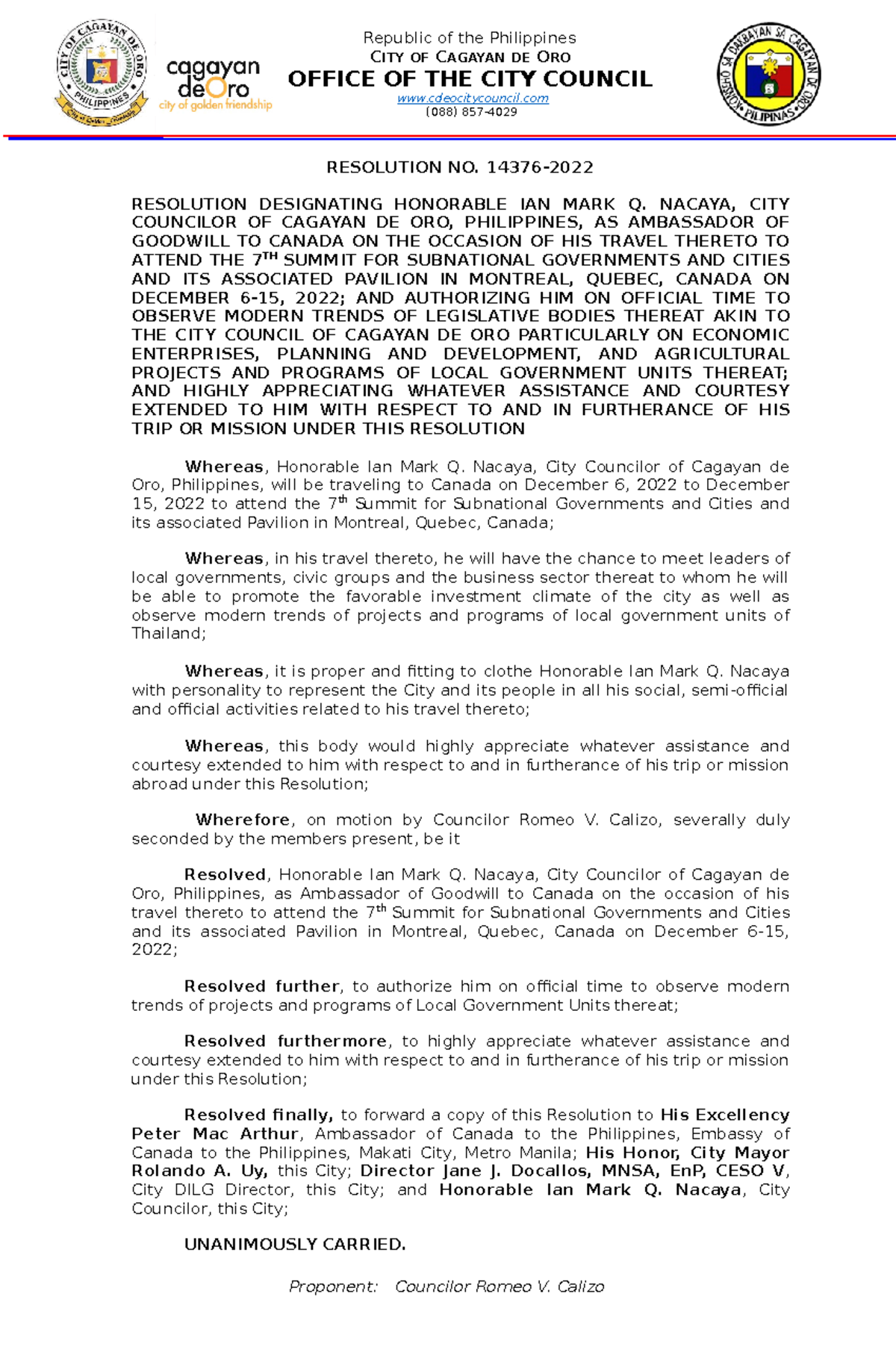 R14376-2022 (designating Councilor Nacaya as Ambassador of Goodwill) A ...