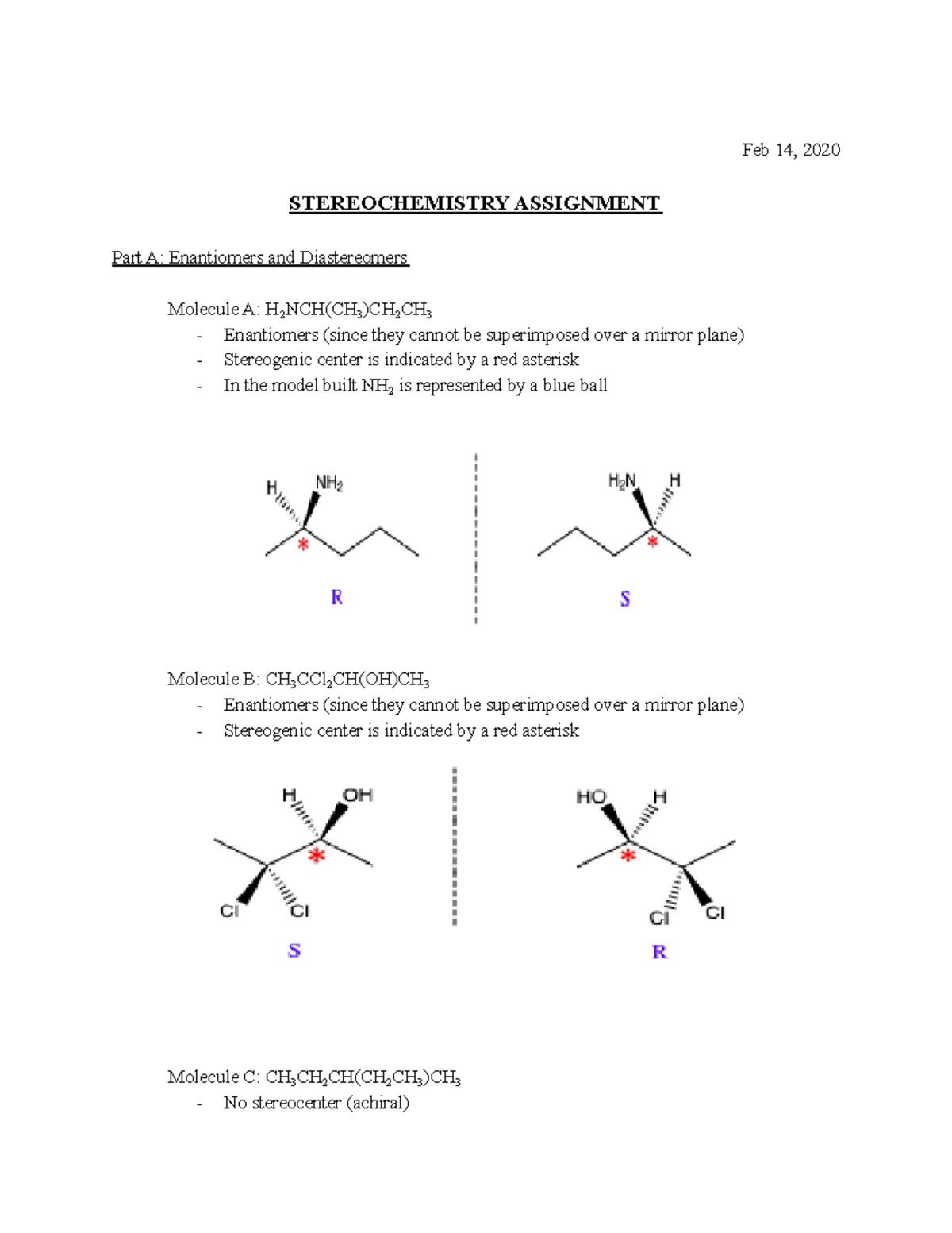 Copy of stereochemistry assignment. - Feb 14, 2020 STEREOCHEMISTRY ASSIGNMENT Part A ...