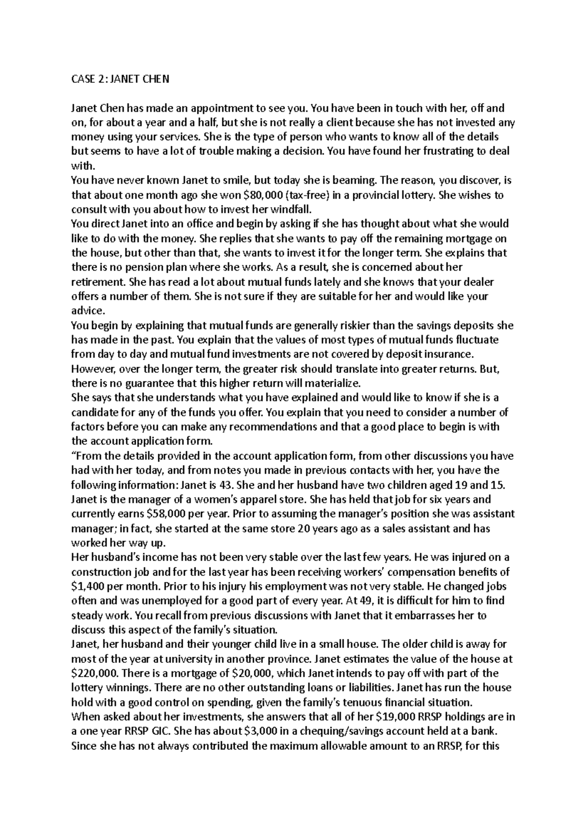 CASE 2- Janet CHEN - Case studies - CASE 2: JANET CHEN Janet Chen has ...