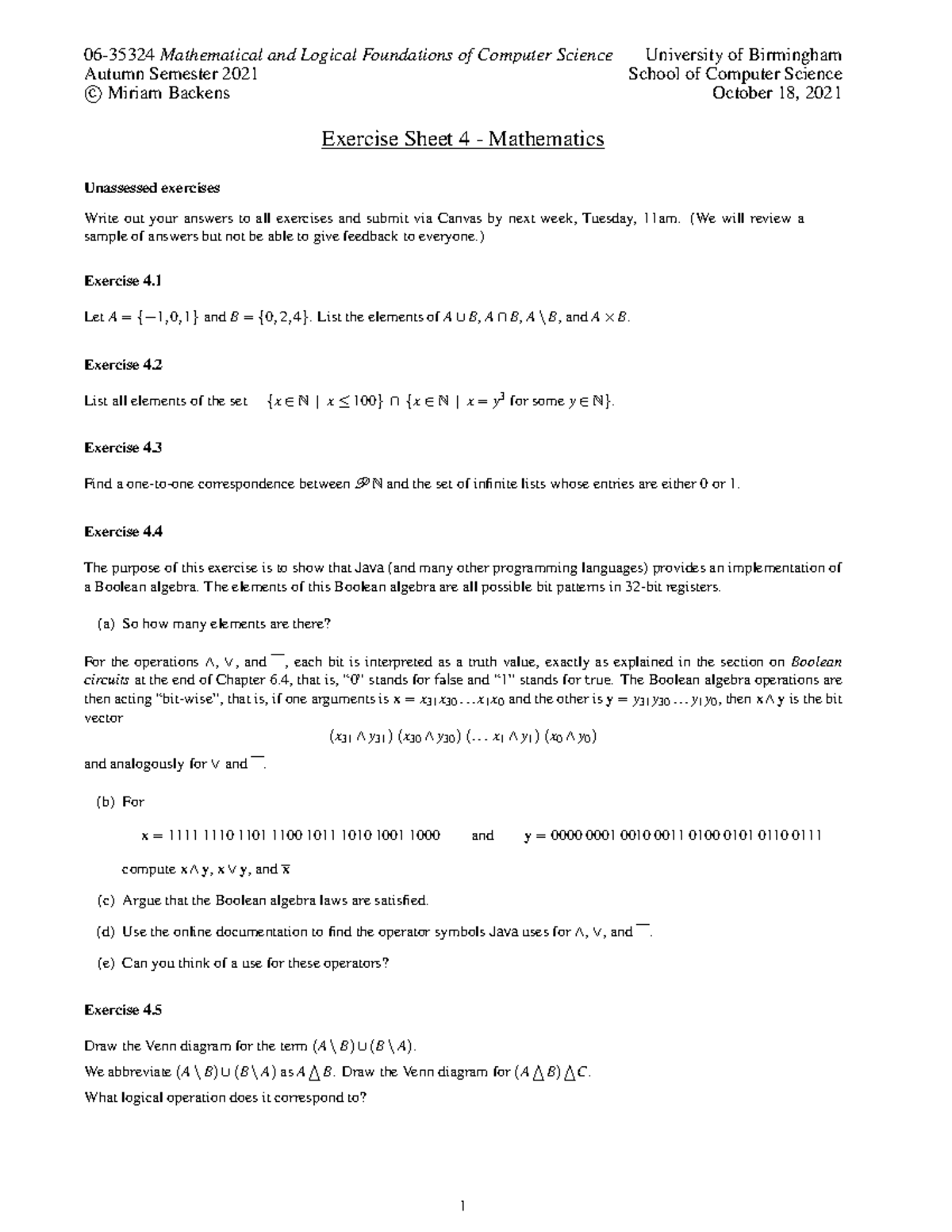 Exercise sheet - Power Sets and Boolean Algebra - Mathematical and Logical Foundations of ...