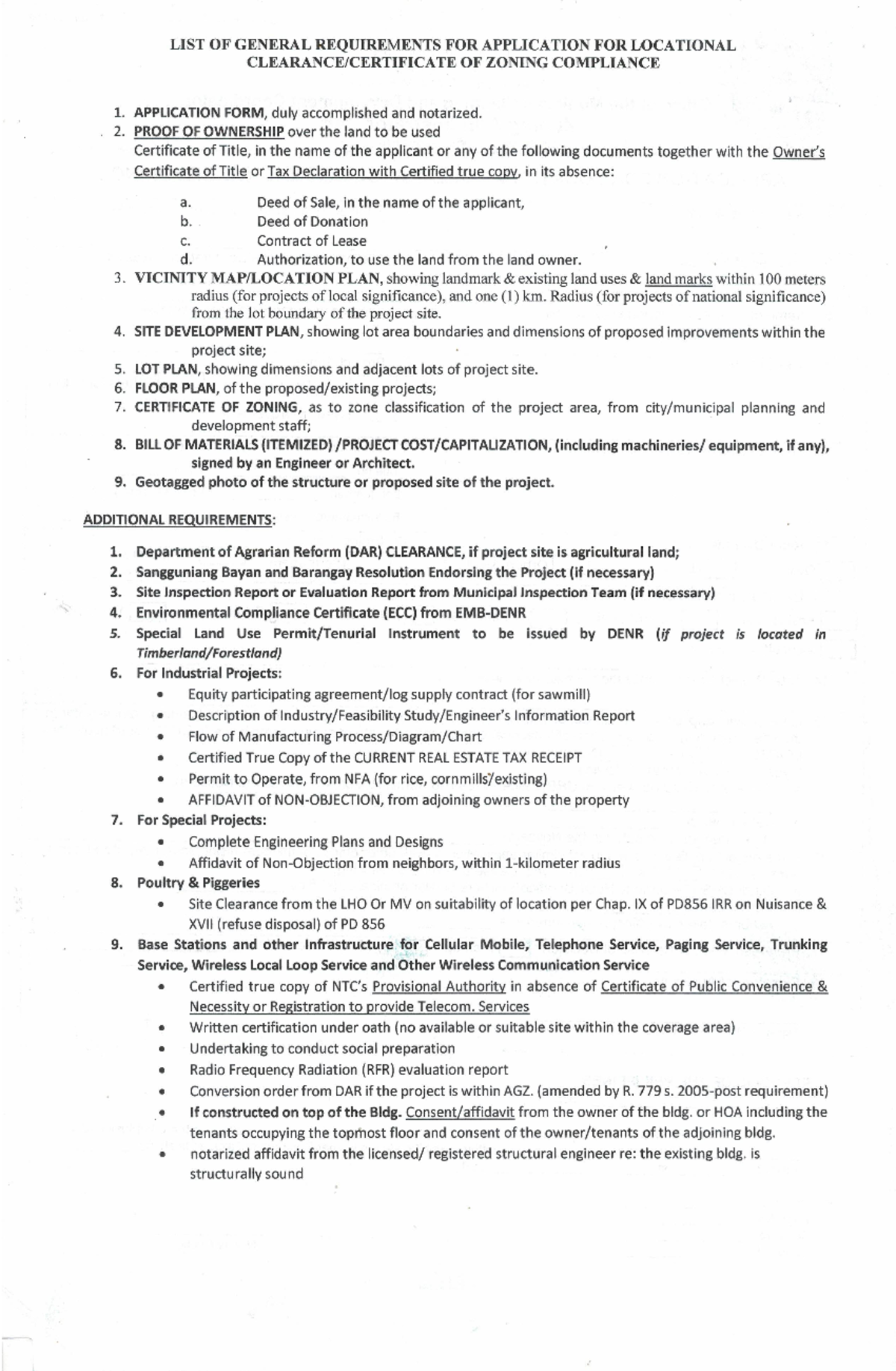 Locational Clearance - LIST OF GENERAL REQUIREMENTS FOR APPLICATION FOR ...