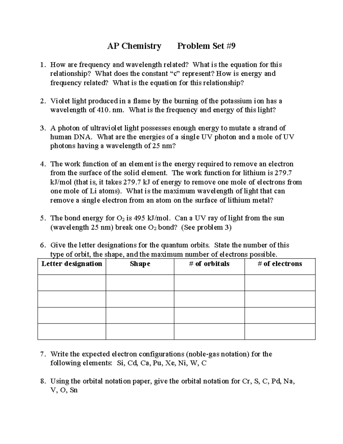 Problem Set 9 - worksheet - AP Chemistry Problem Set 1. How are ...