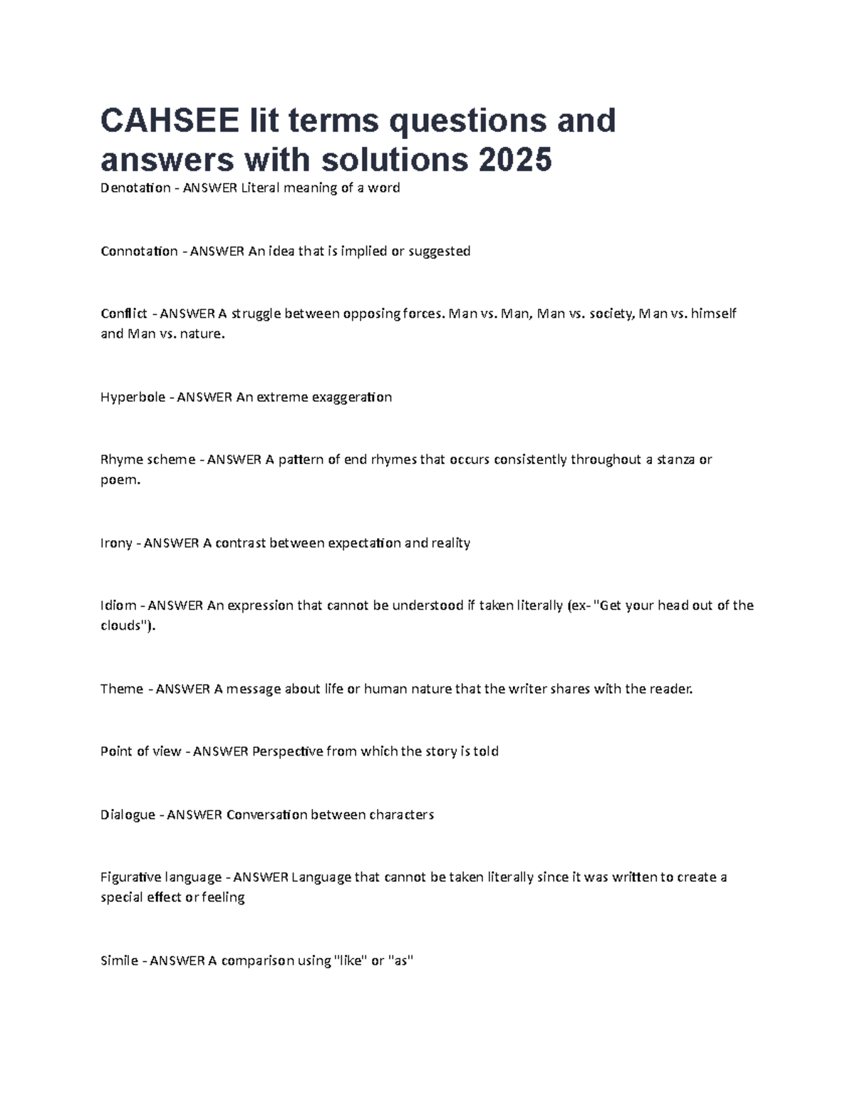 Cahsee lit terms questions and answers with solutions 2025 - CAHSEE lit terms questions and ...