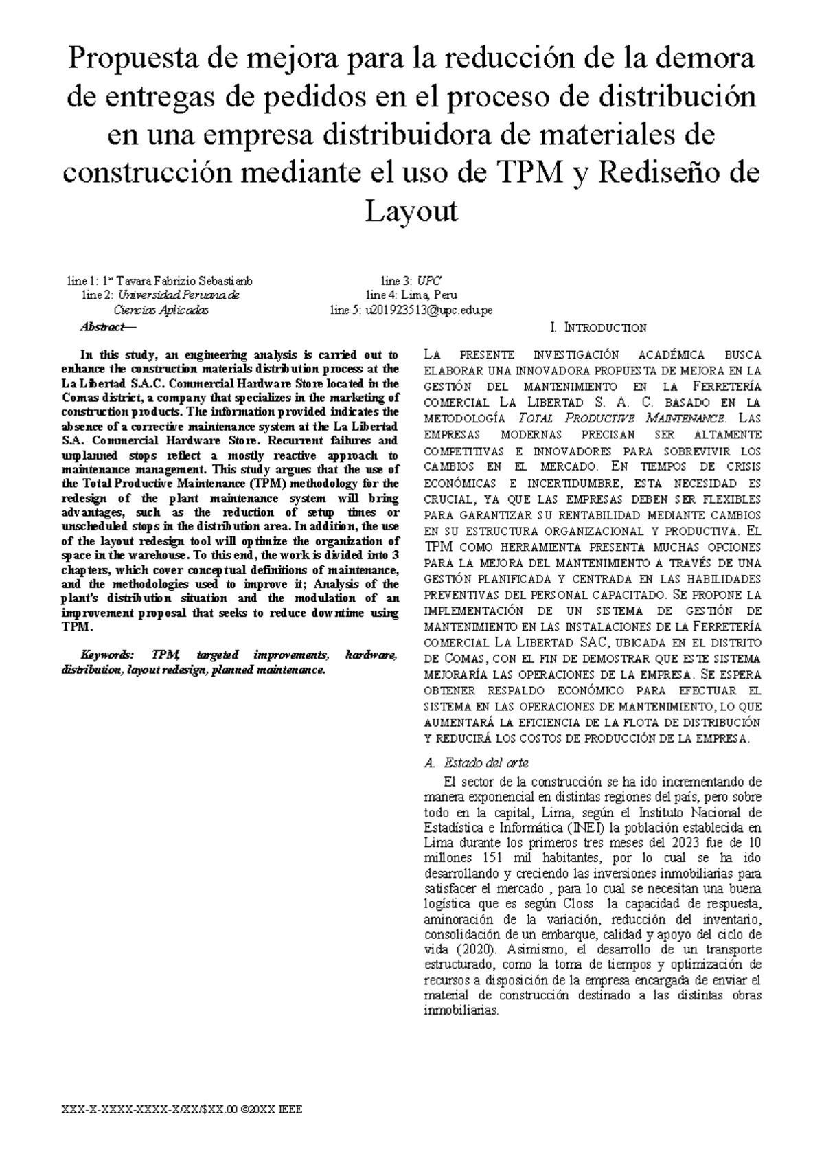 Avance Artículo PIA 1 Tavara - Propuesta de mejora para la reducción de ...