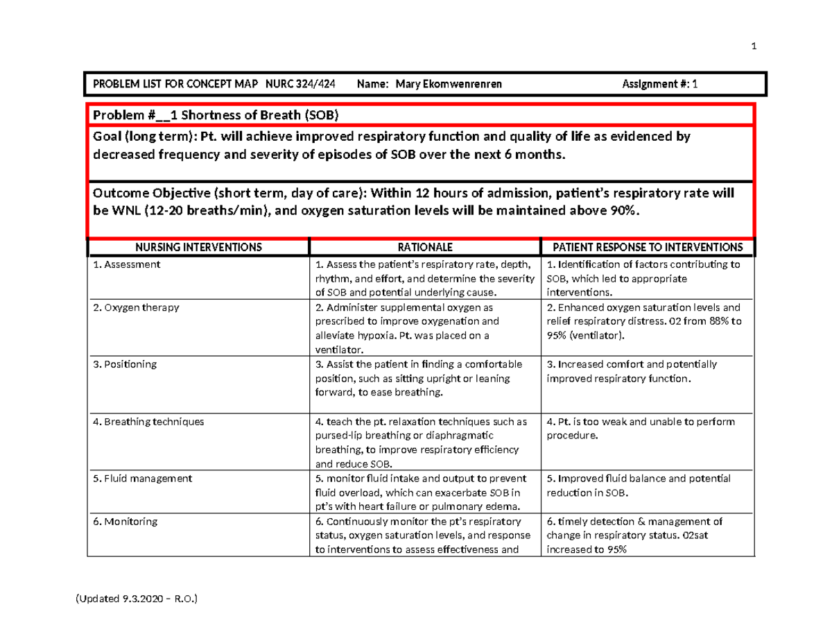 Problem List 1 - Problem #__1 Shortness of Breath (SOB) Goal (long term ...
