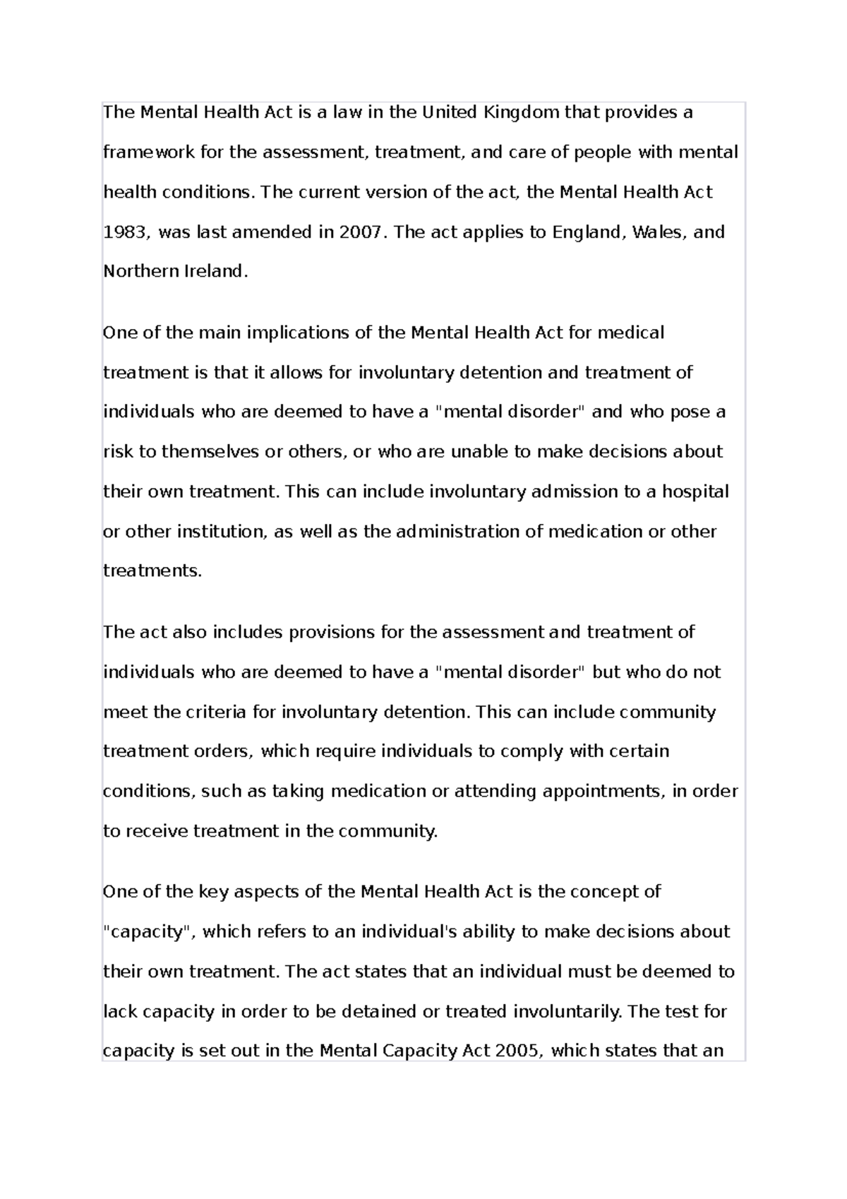 The Mental Health Act And Its Implications For Medical Treatment The