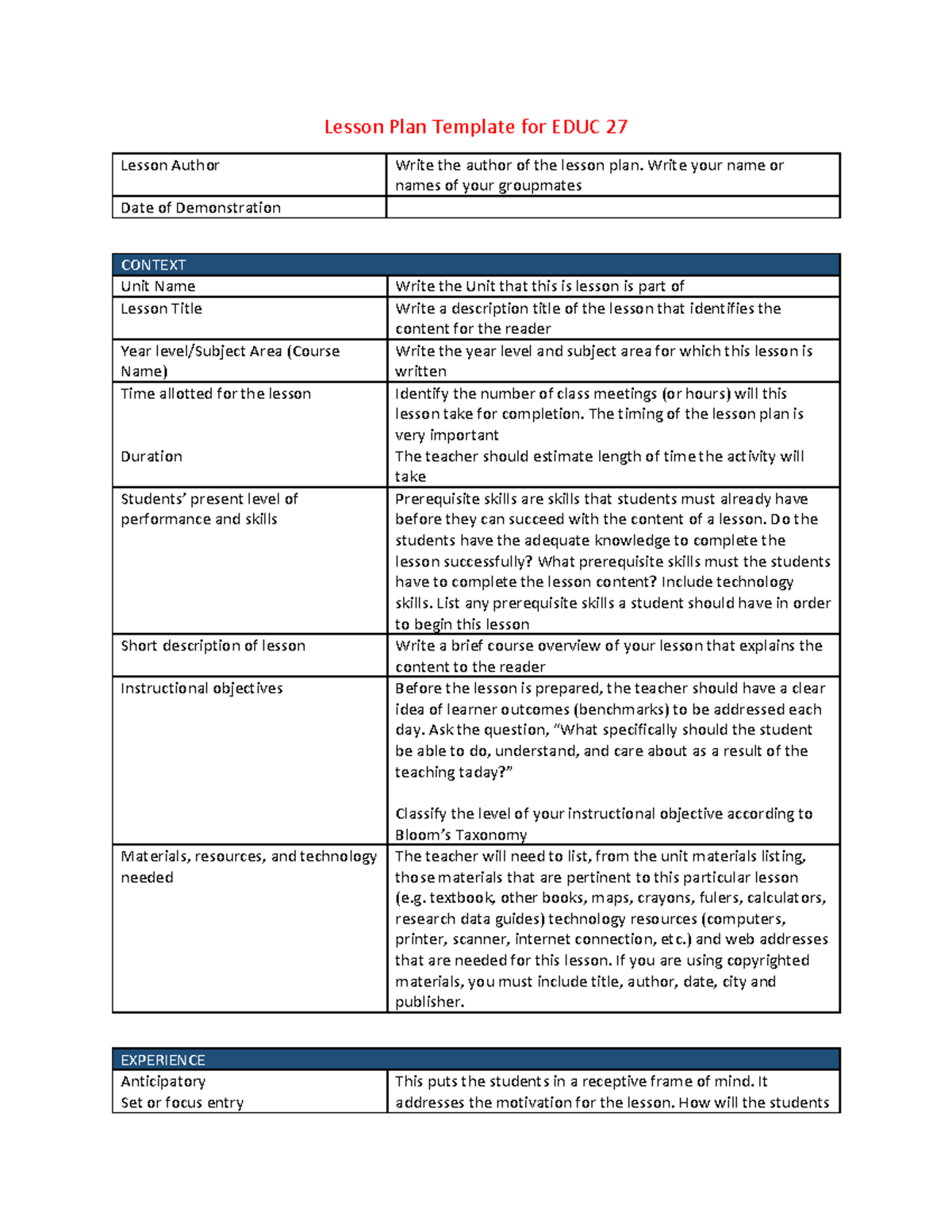 Lesson Plan Template for EDUC 27 - Write your name or names of your ...