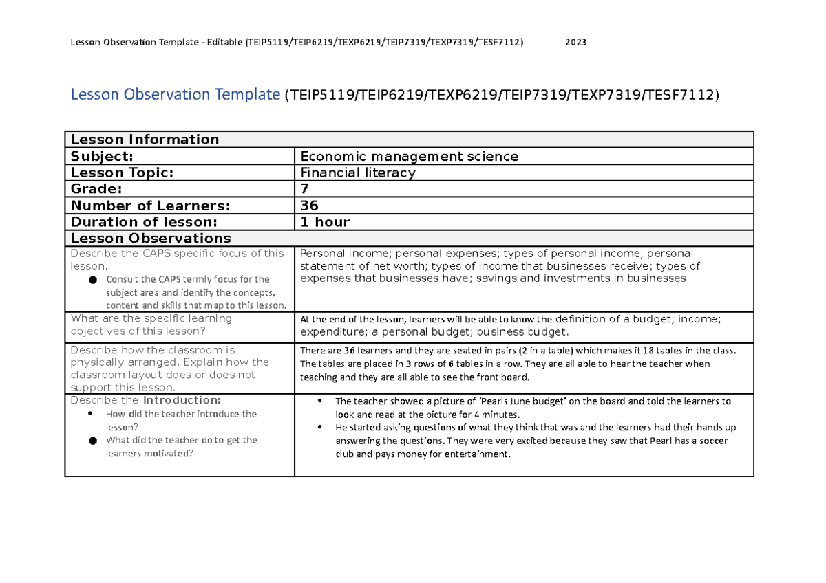 E.m.s lesson observation 1 - Lesson Observation Template - Editable ...