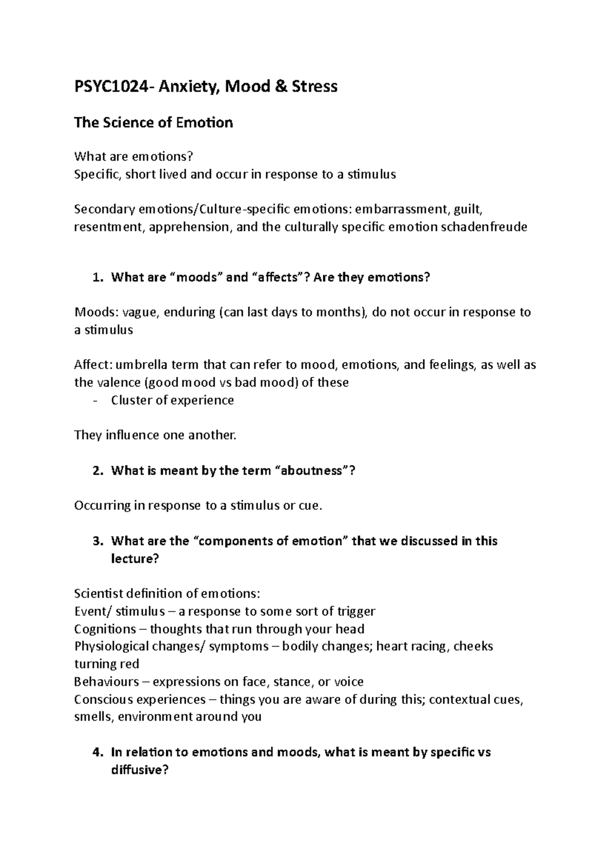 PSYC1024 - Lecture notes from week3 - PSYC1024- Anxiety, Mood & Stress ...