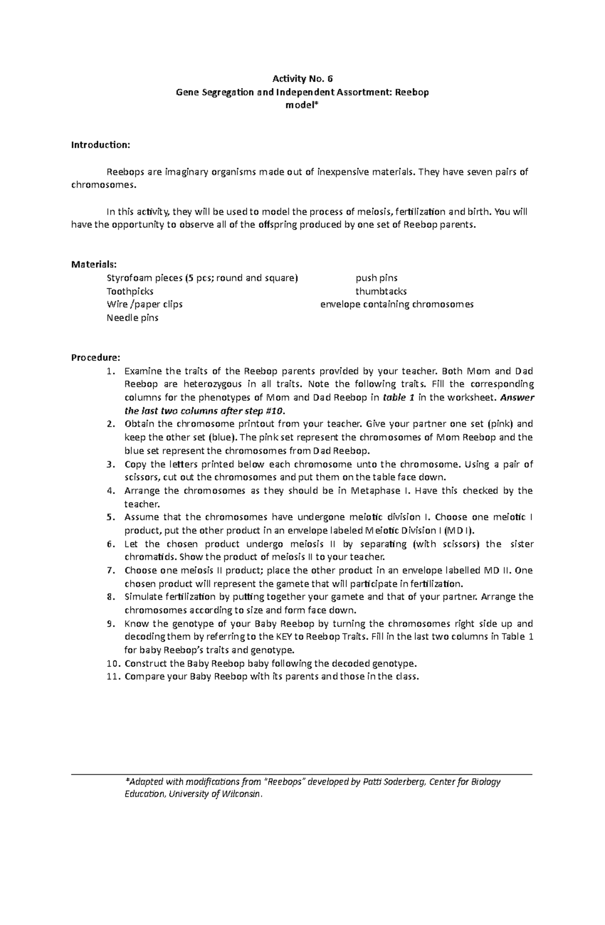 Gene Segregation and Independent Assortment- Reebop model - Activity No ...