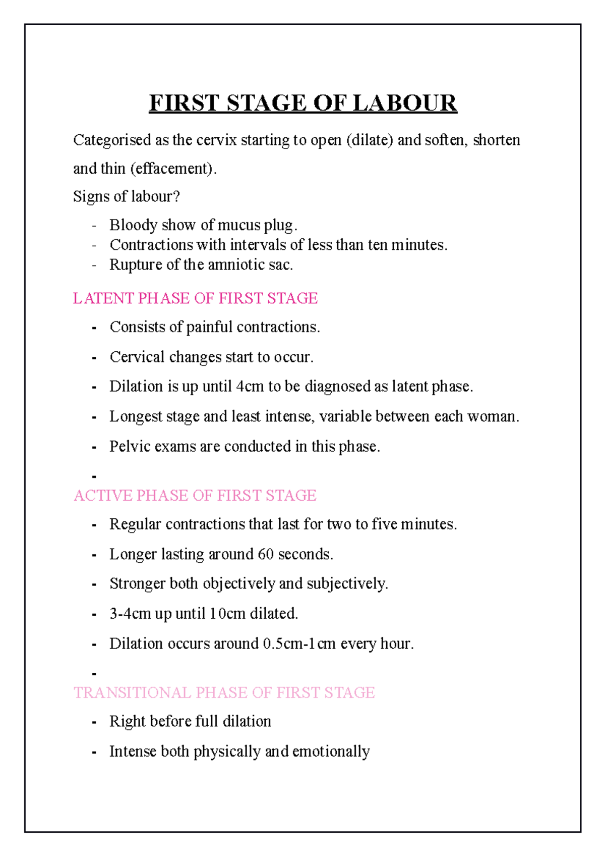 First Stage OF Labour - FIRST STAGE OF LABOUR Categorised as the cervix ...
