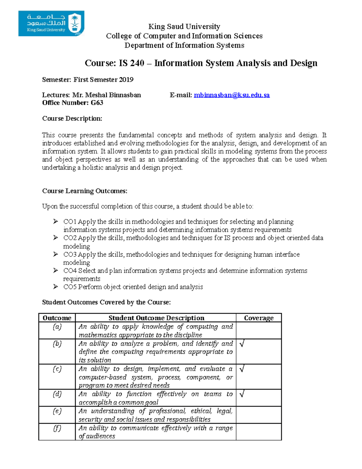 IS240 Syllabus 2019 - Lecture notes 1 - King Saud University College of ...