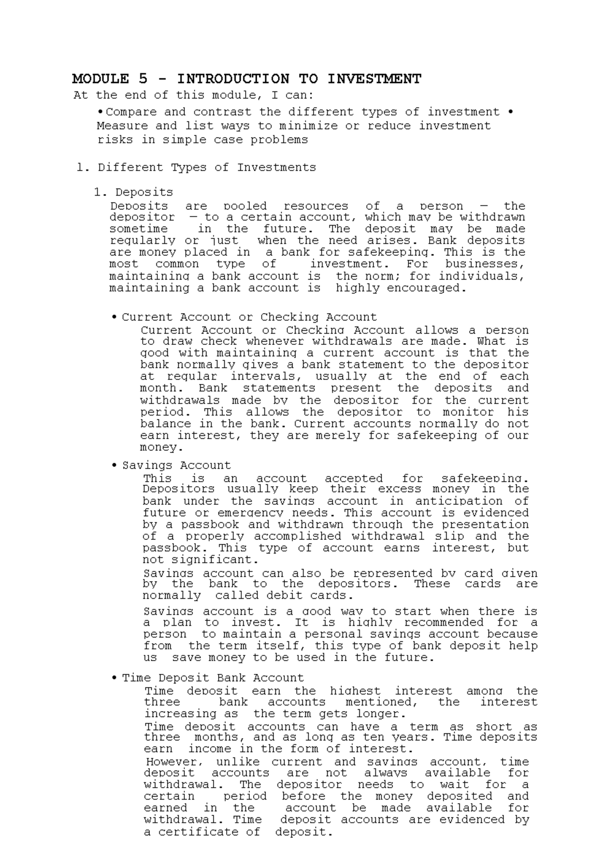 Module 5 - Lectures - MODULE 5 - INTRODUCTION TO INVESTMENT At the end ...