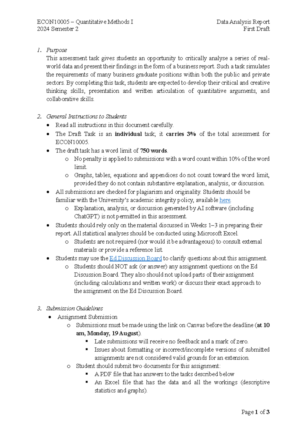 Draft QM1 1 - qdqef - ECON10005 – Quantitative Methods I Data Analysis Report 2024 Semester 2 ...
