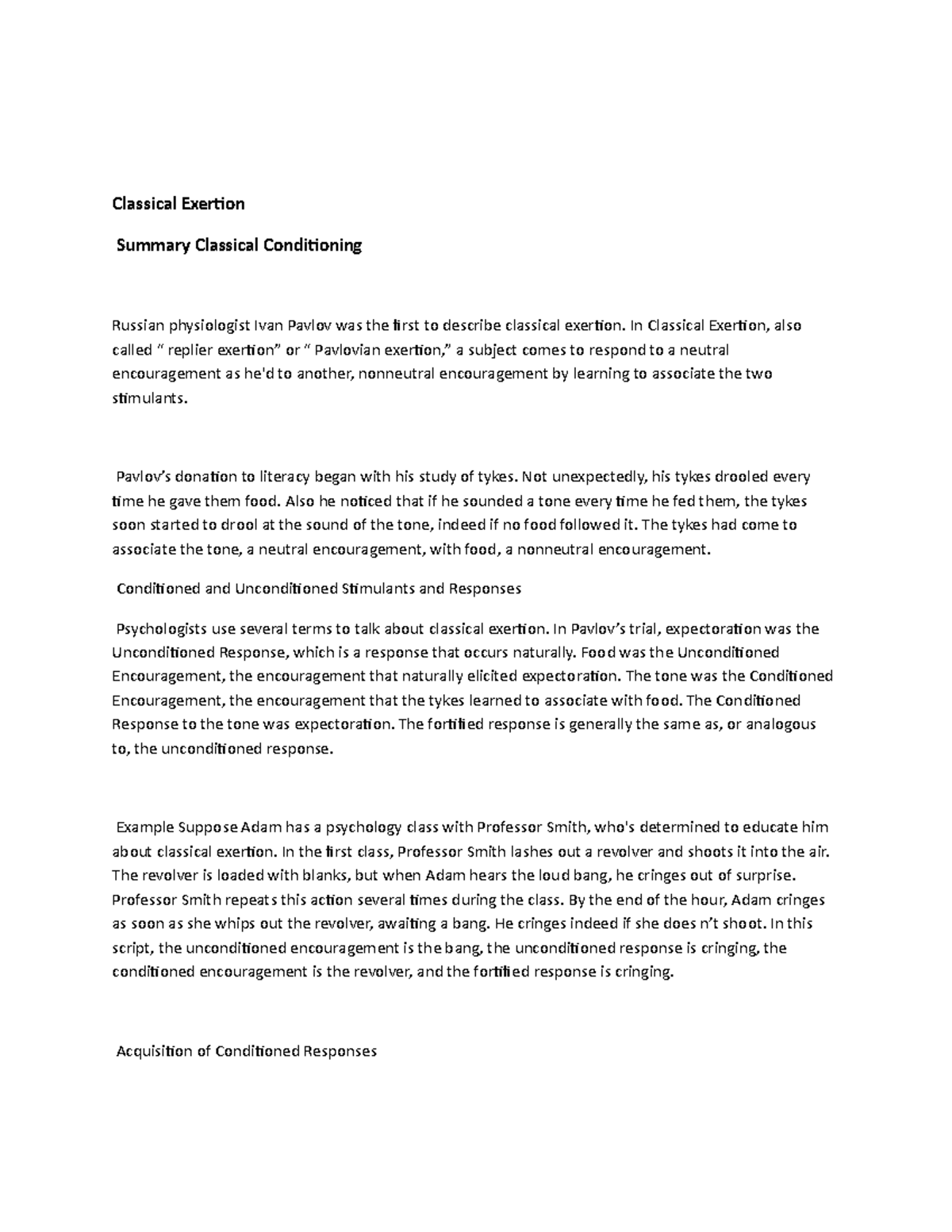 Classical Exertion Summary Classical Conditioning - Classical Exertion ...