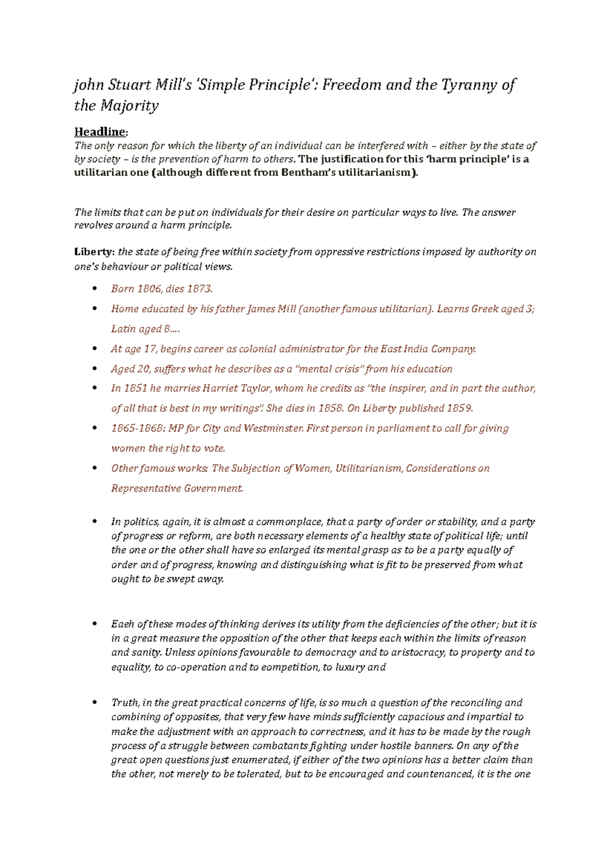 John Stuart Mill - Lecture notes 3-4 - john Stuart Mill's 'Simple ...