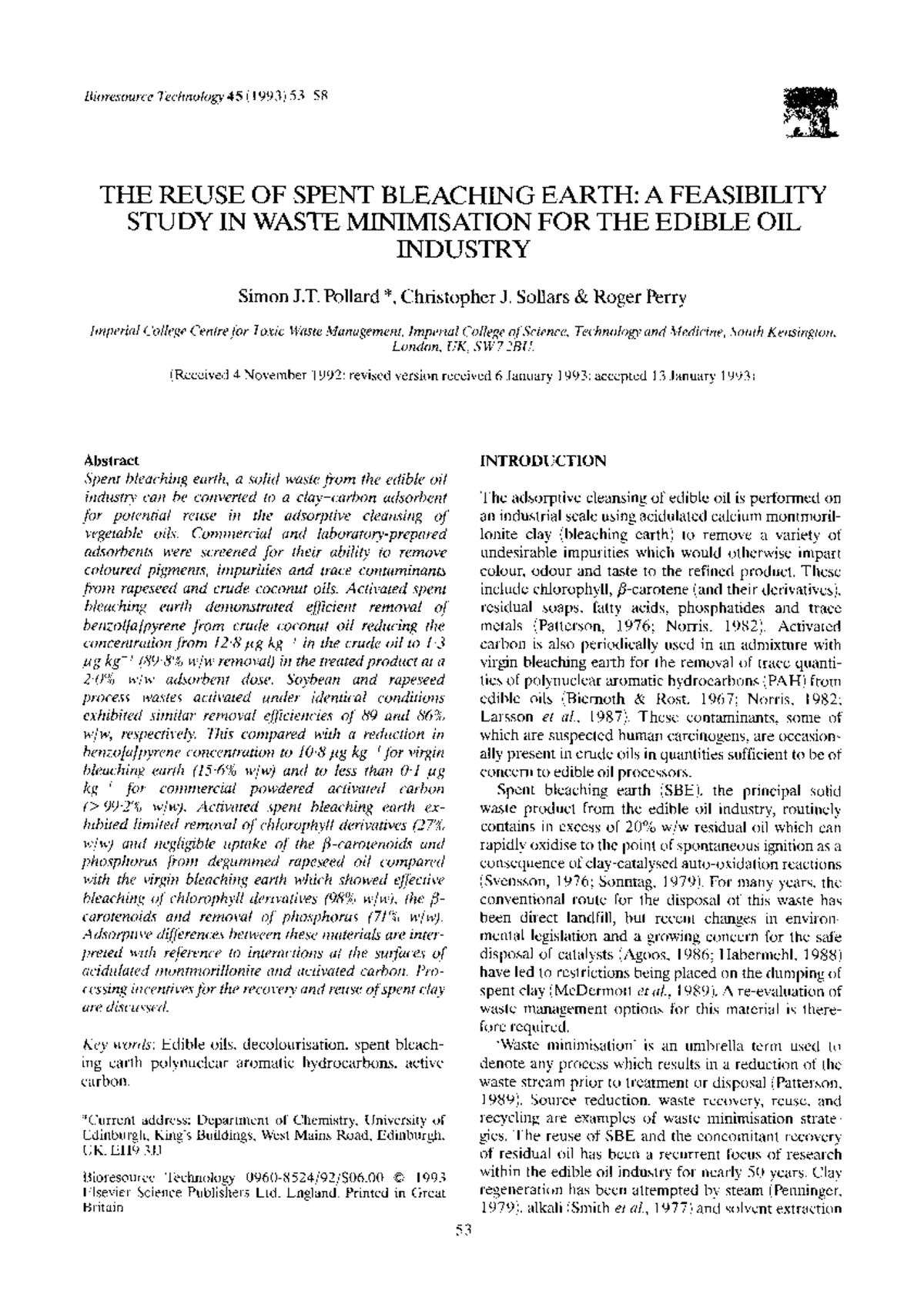 THE Reuse OF Spent Bleaching Earth - Bioresource Technology 45 (1993 ...