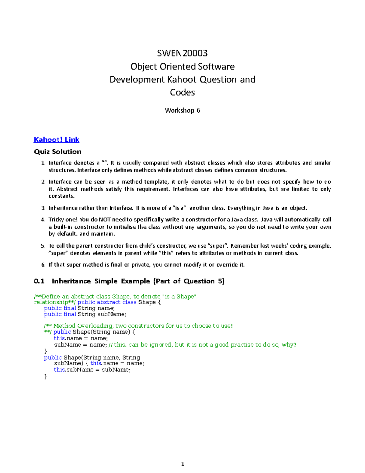 wk6 extra questions - 1 SWEN Object Oriented Software Development Kahoot Question and Codes ...