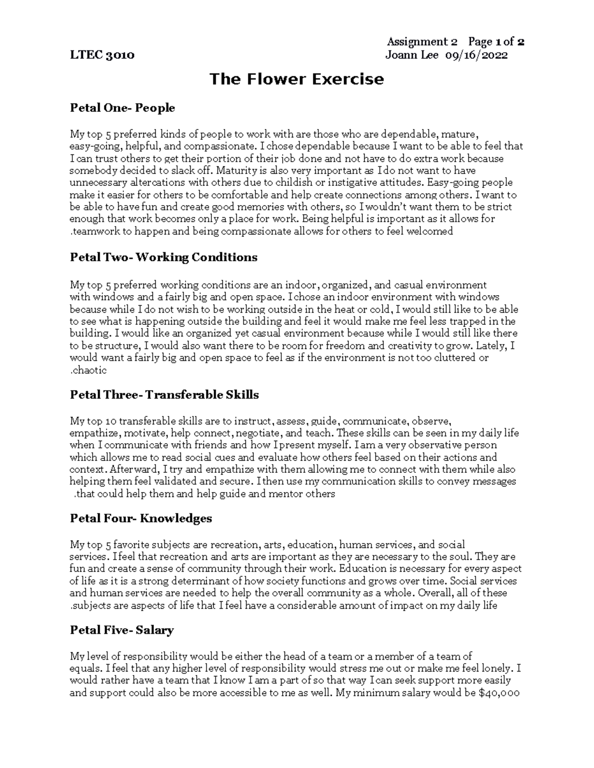 Assignment 2: The Flower Exercise - Assignment 2 Page 1 of 2 LTEC 3010 ...