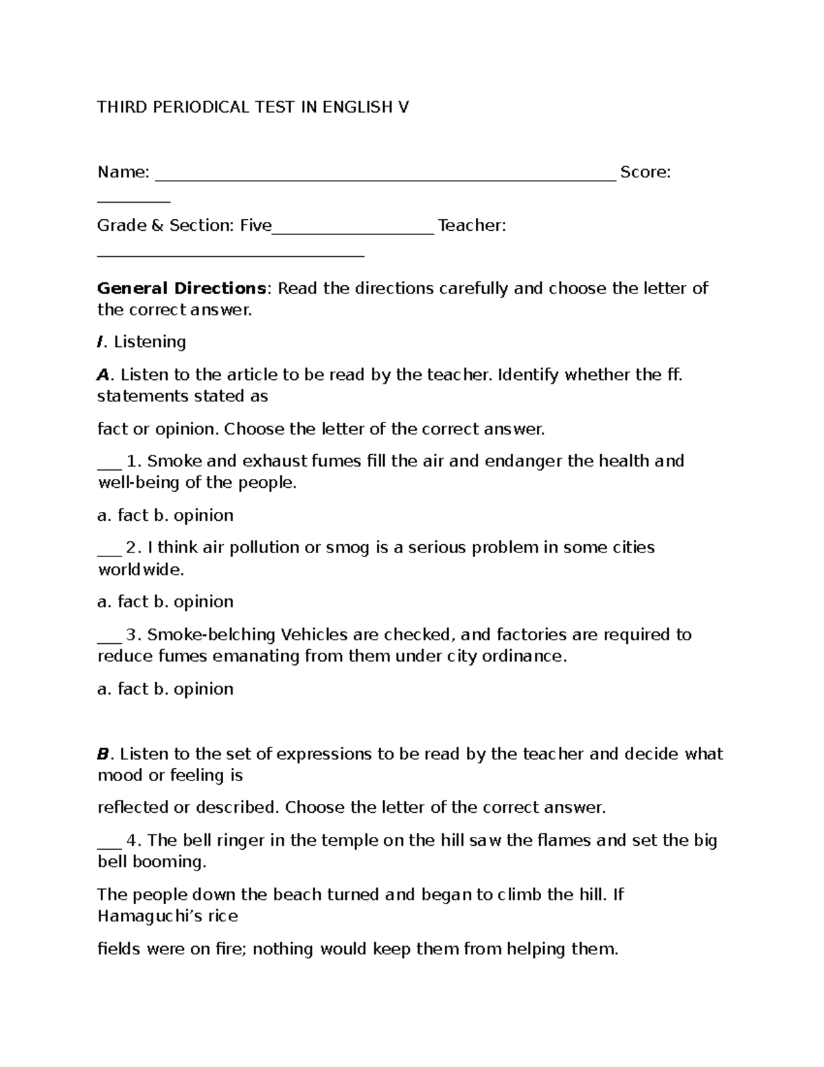 Third Periodical TEST IN English V jobiiii - THIRD PERIODICAL TEST IN ...