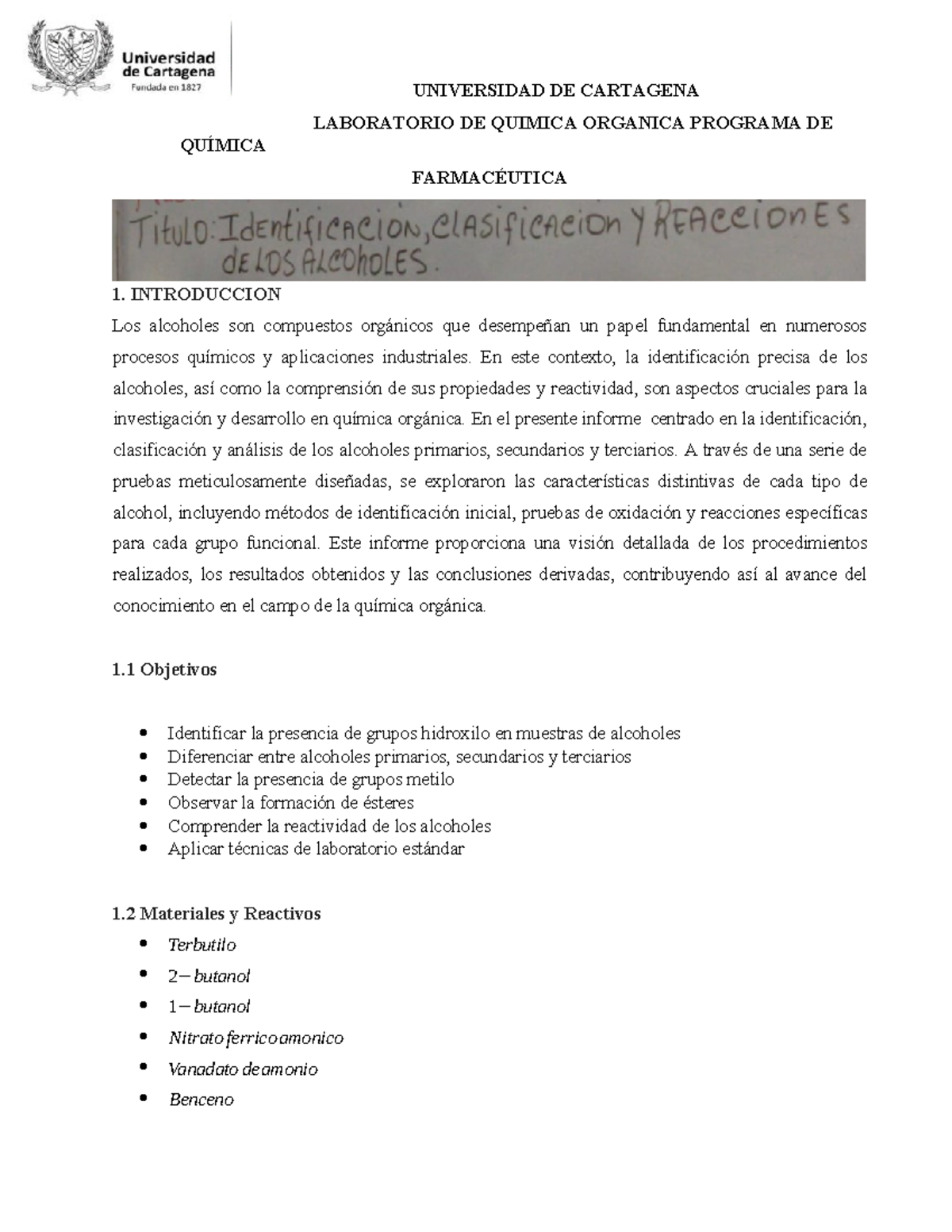 Sintesis C-Terbutilo - AYase xd - UNIVERSIDAD DE CARTAGENA LABORATORIO ...