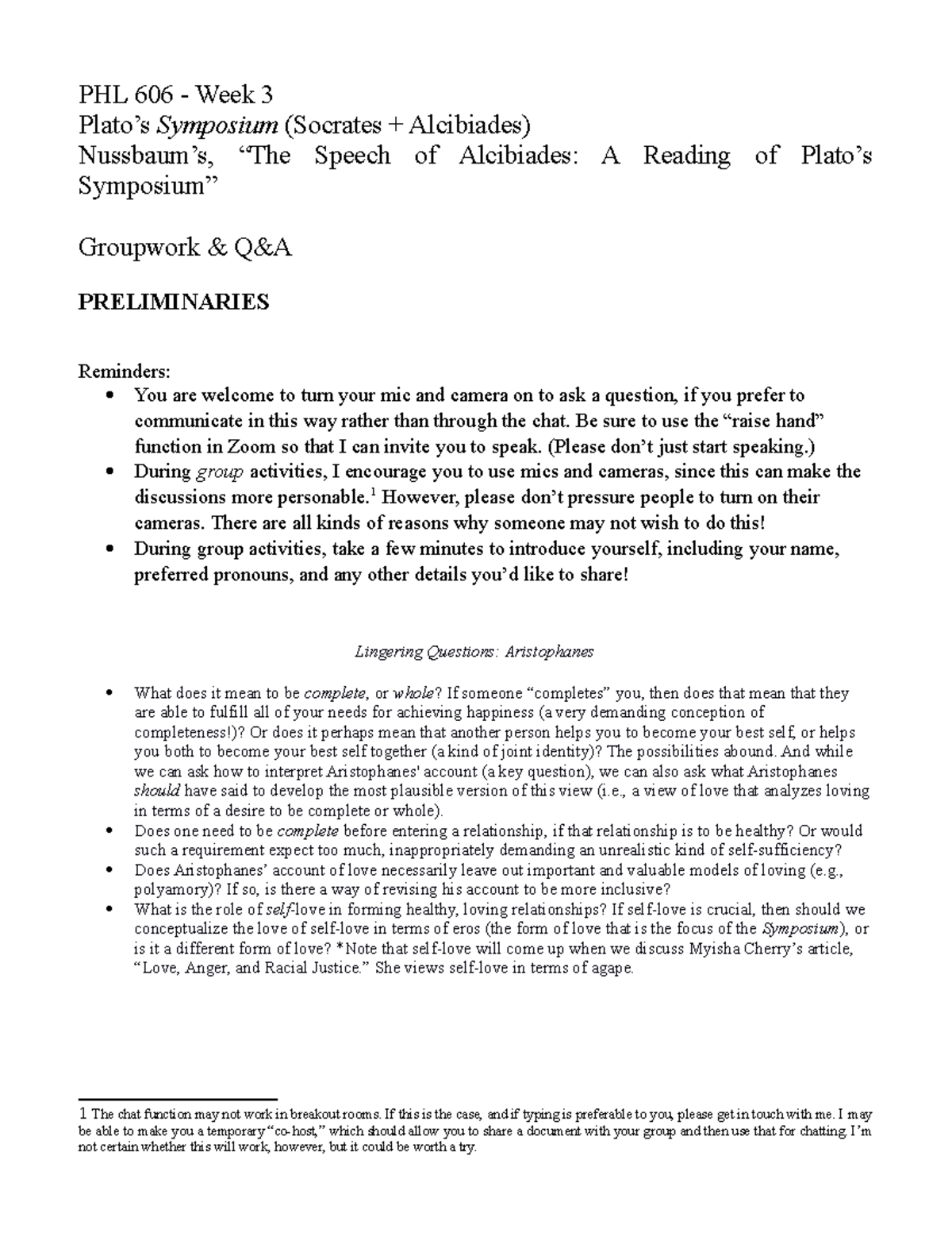 Symposium Handout 2 - PHL 606 - Week 3 Plato’s Symposium (Socrates ...