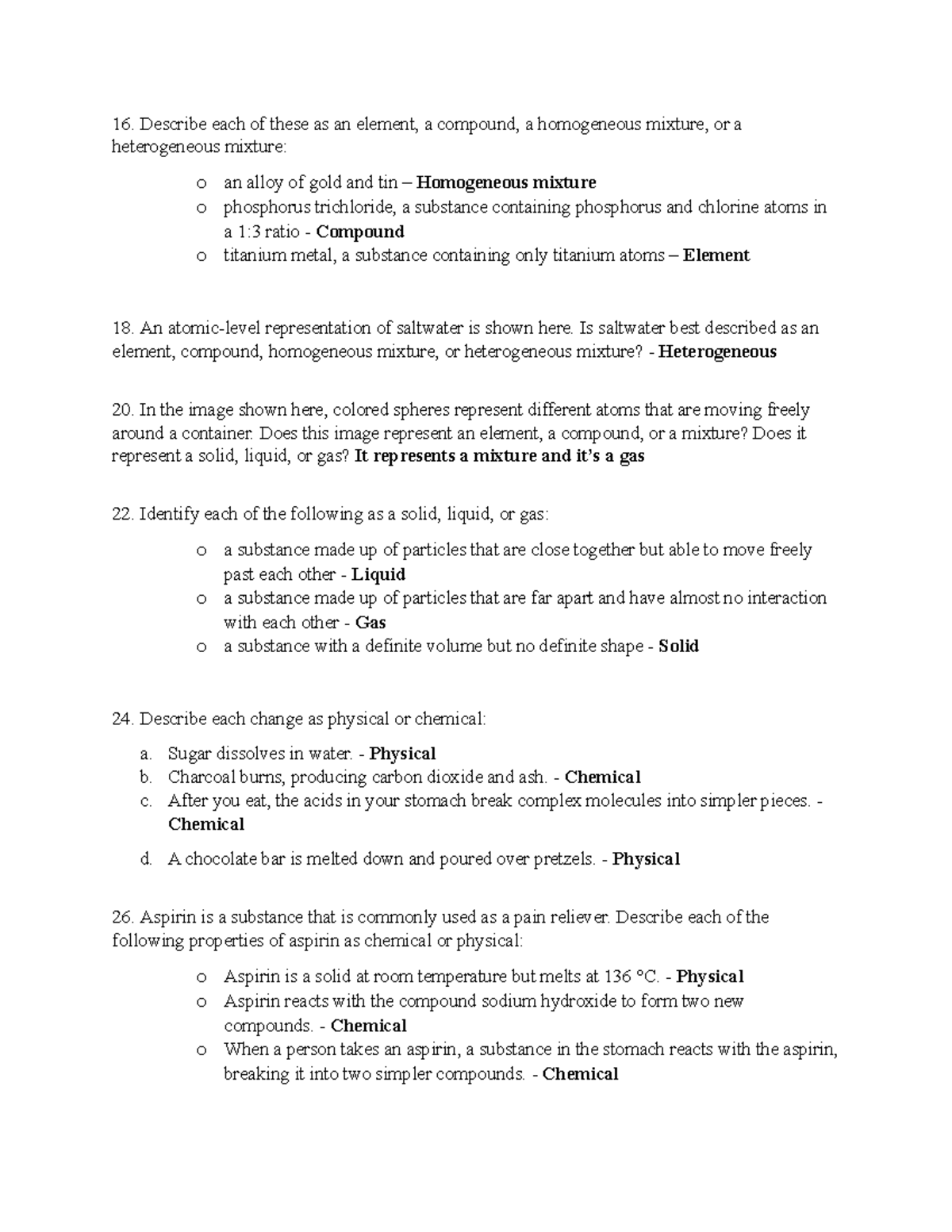 Ch. 1 Homework - Chapter 1 assignment - Describe each of these as an element, a compound, a ...