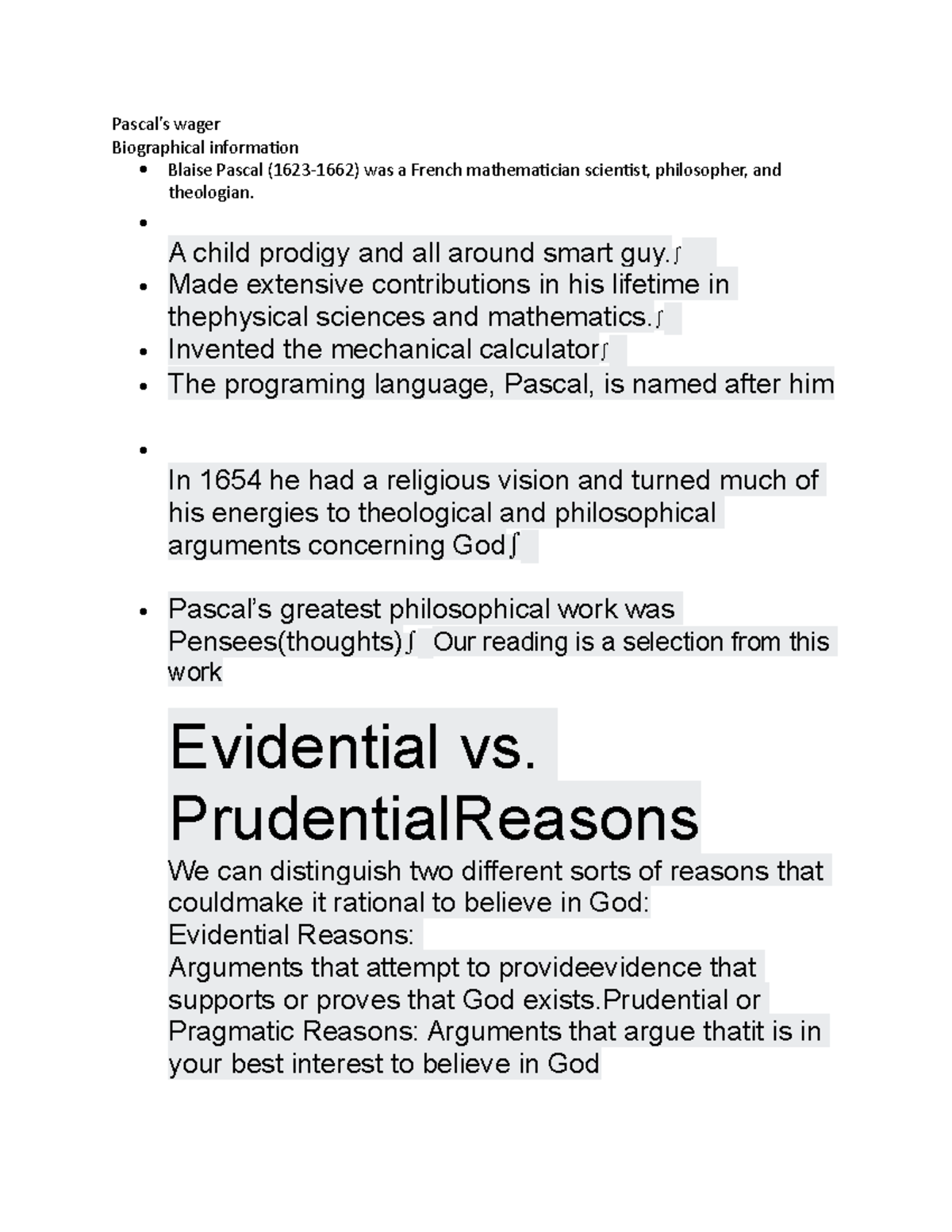 Pascal - notes - Pascal’s wager Biographical information Blaise Pascal ...