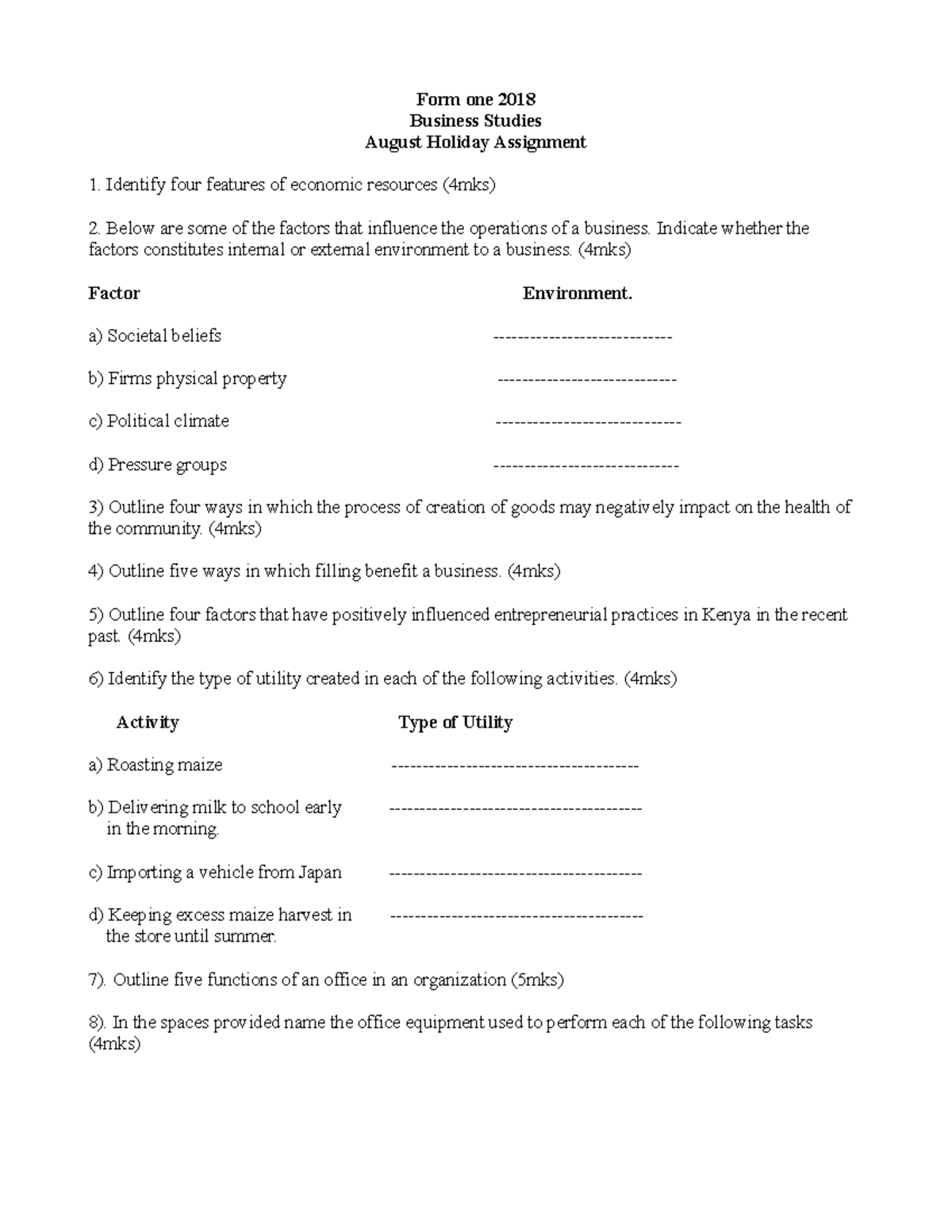Business Studies Assignment form one - Business StudiesForm one 2018 ...