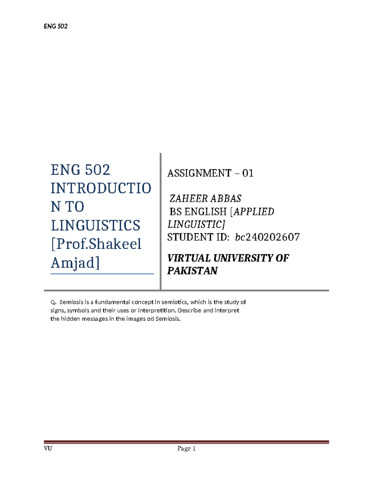 ENG 502 Assing -01 - This document is related to BS English Applied Linguistics and the Subject ...