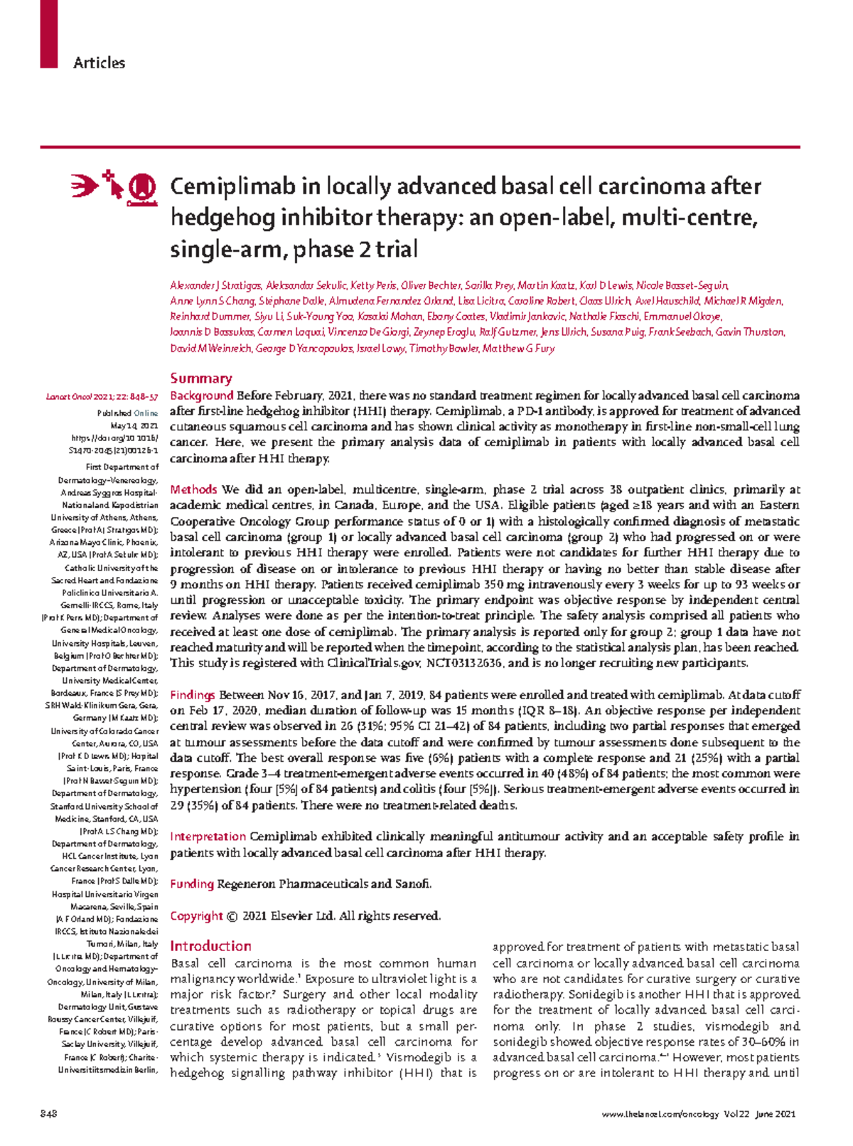 Cemiplimab in locally advanced basal cell carcinoma after hedgehog ...