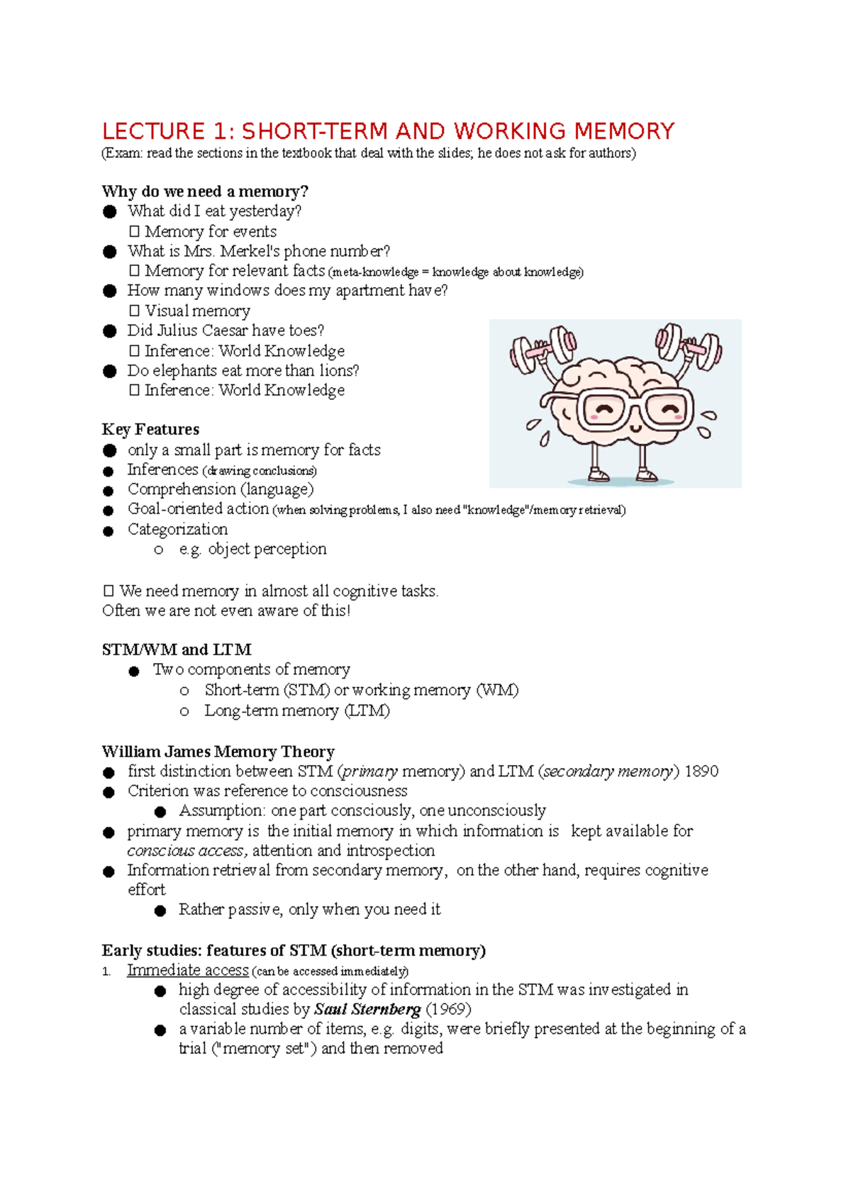 Short-term and working memory (part 1) - LECTURE 1: SHORT-TERM AND ...