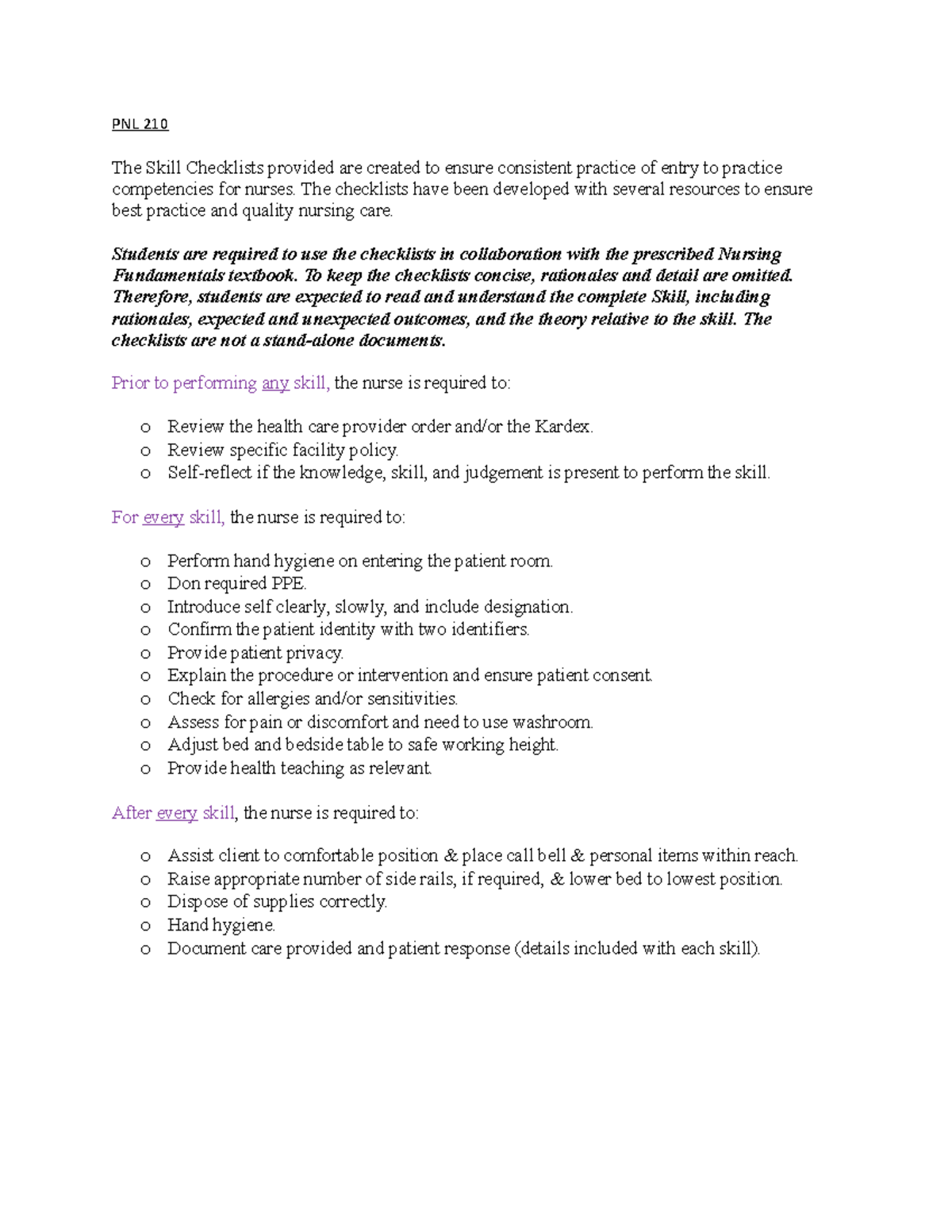 PNL 210 - Skills Checklist Information - PNL 210 The Skill Checklists ...