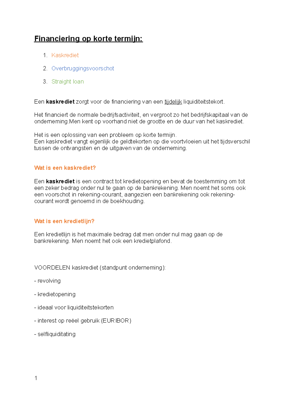 Financieringen - kredieten - Financiering op korte termijn: Kaskrediet ...