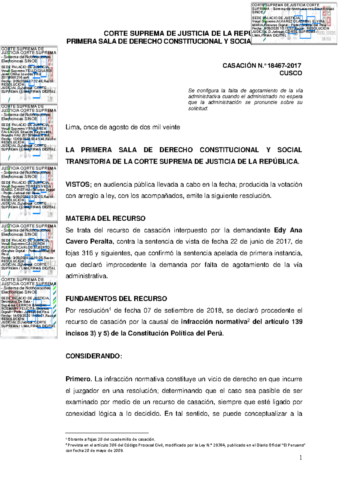 Casación Nº 018467-2017 Cusco - PRIMERA SALA DE DERECHO CONSTITUCIONAL Y SOCIAL TRANSITORIA ...