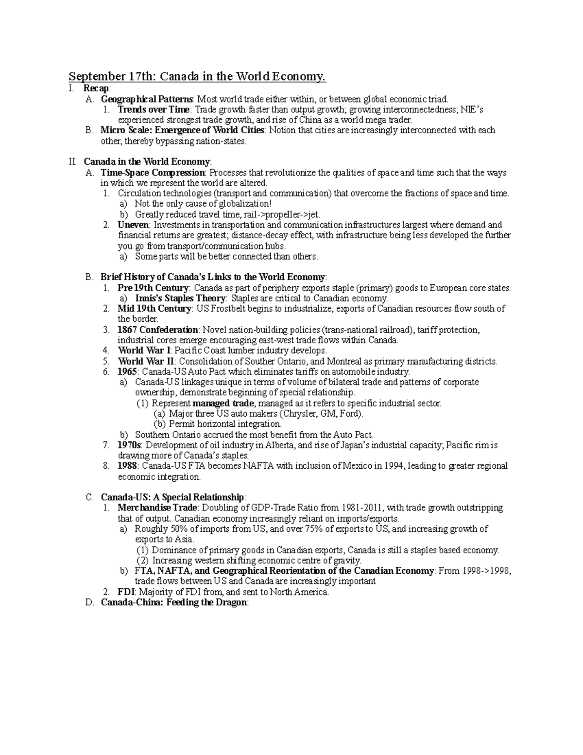 GEOG 216 Lecture 6 - September 17th: Canada in the World Economy. I ...