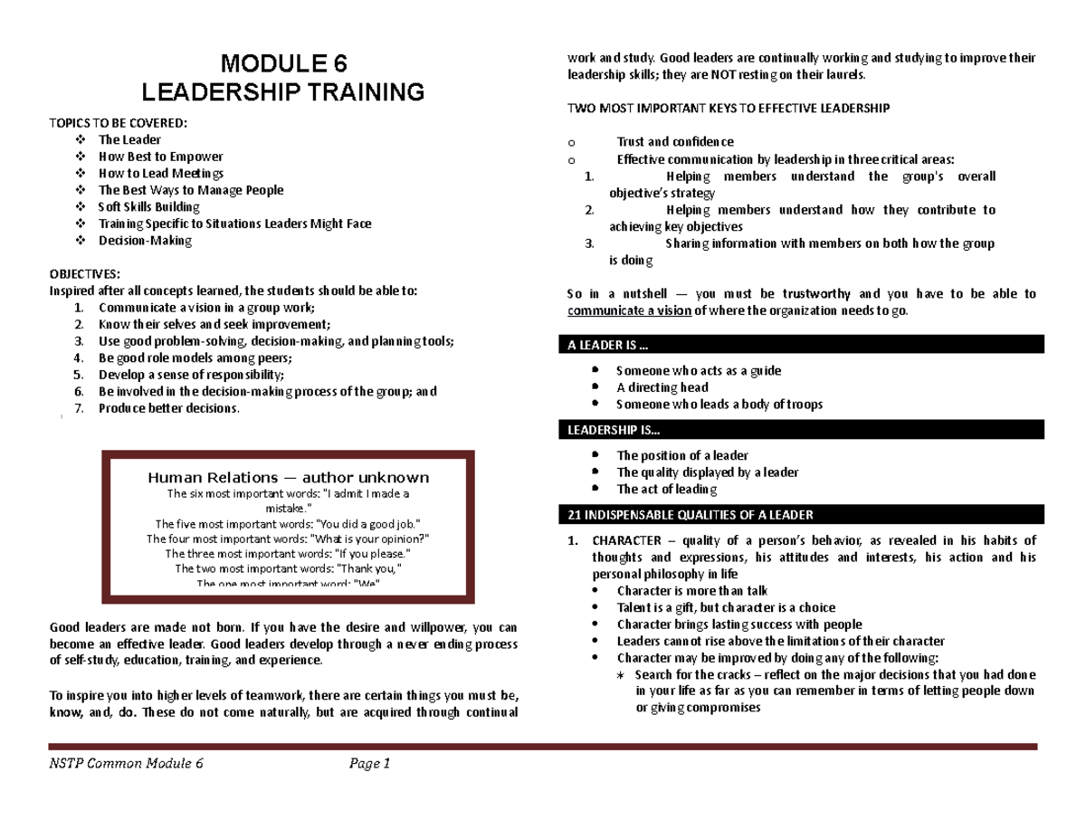 Module 6 Leadership Training Autosaved - MODULE 6 LEADERSHIP TRAINING TOPICS TO BE COVERED: The ...