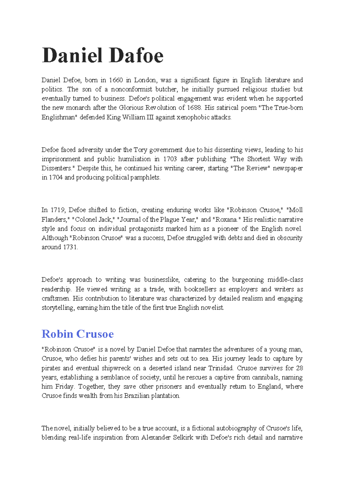 Daniel Dafoe riassunto - Daniel Dafoe Daniel Defoe, born in 1660 in ...