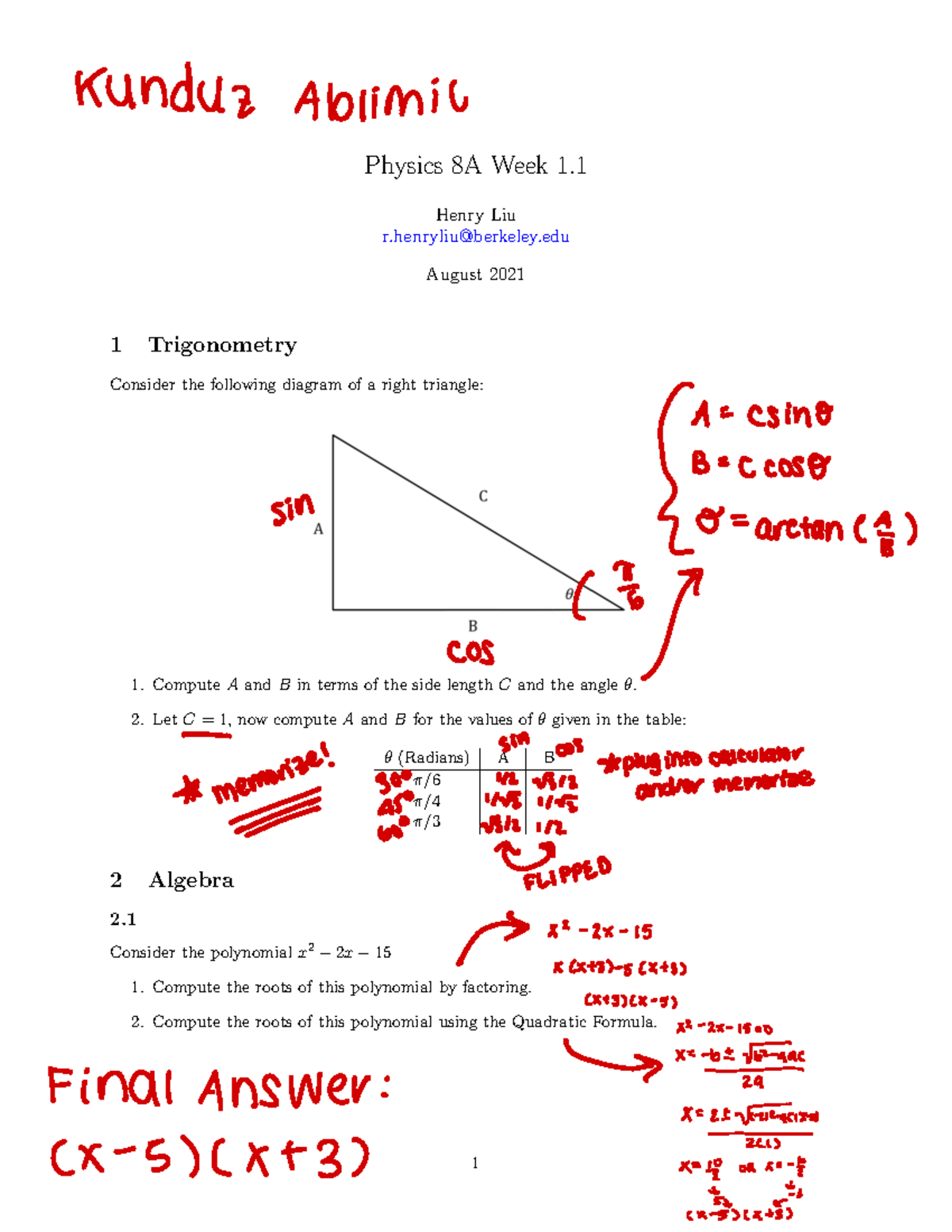 Week1 1 Math Review HL - Physics 8A Week 1. Henry Liu r@berkeley August ...