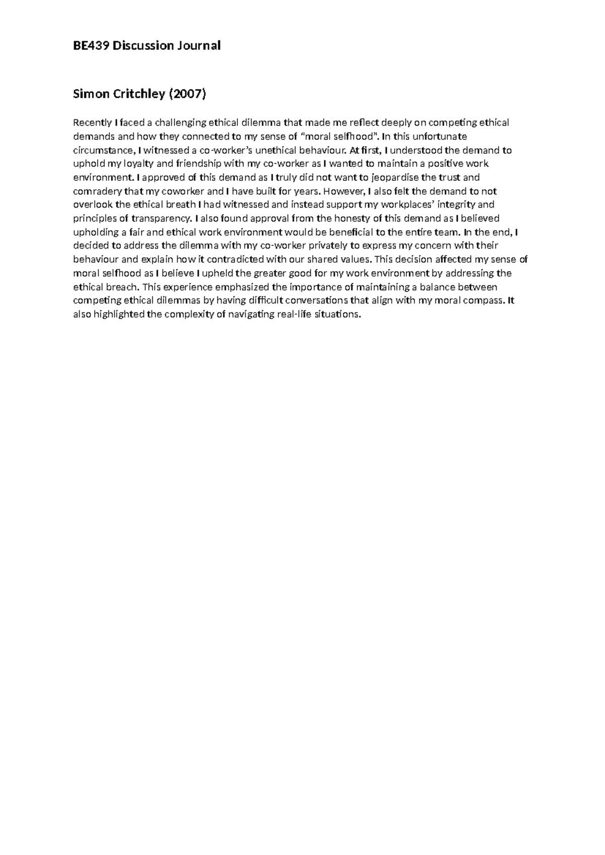 BE439 Discussion Journal 2 2300201 - BE439 Discussion Journal Simon ...