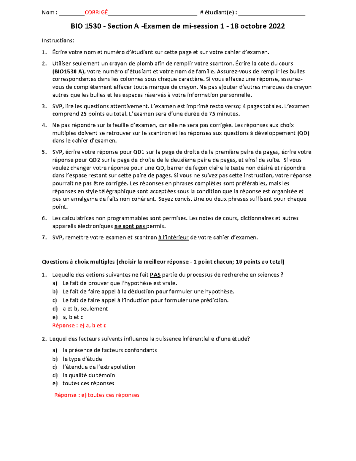 BIO1530 Mi-session 1A 2002-Corrigé - BIO 1530 ‐ Section A ‐Examen de mi ...