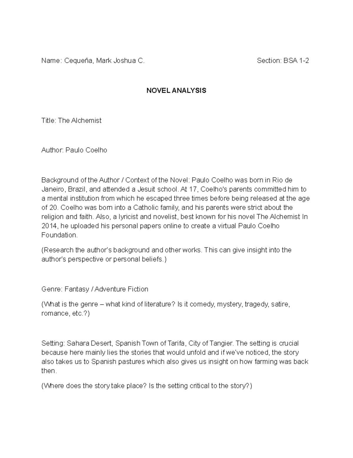 Novel-Analysis-Format - Introduction to Literature - Studocu